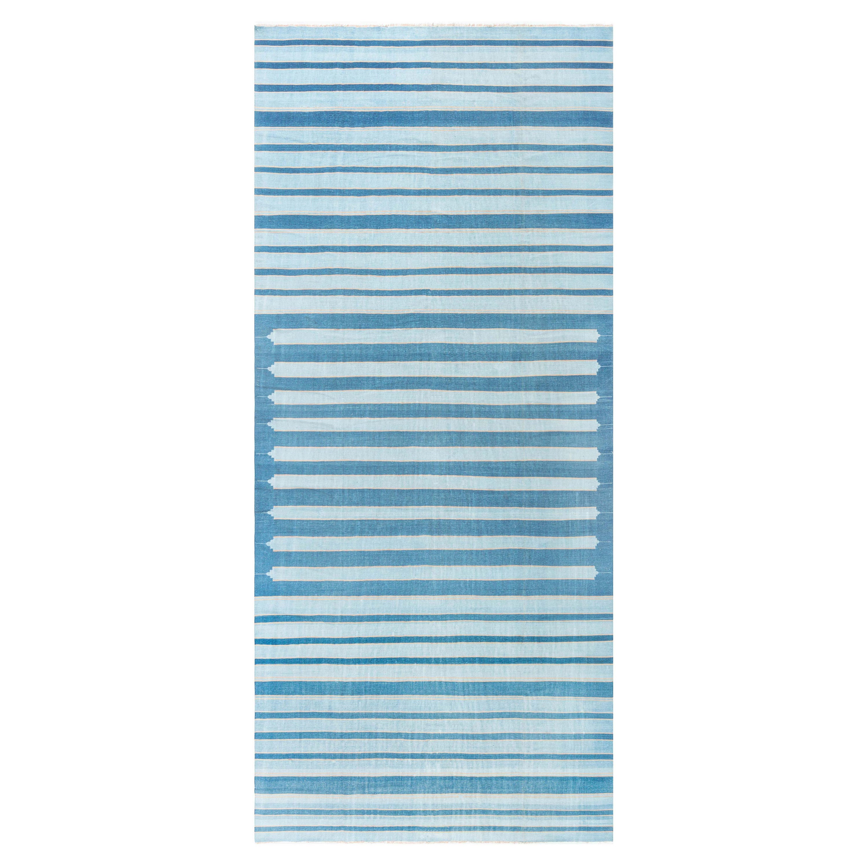 Vintage Indian Dhurrie Striped Blue Rug For Sale at 1stDibs