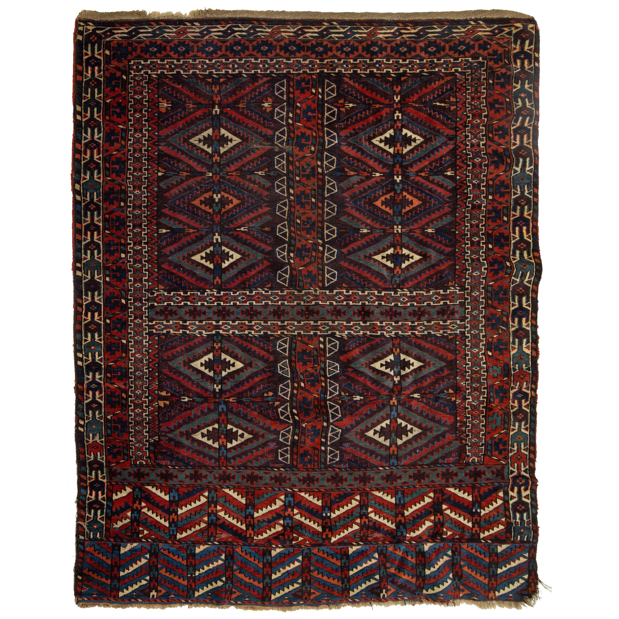 Antique Afghan Turkmen Wool Rug In Red and Blue with Geometric Pattern ...