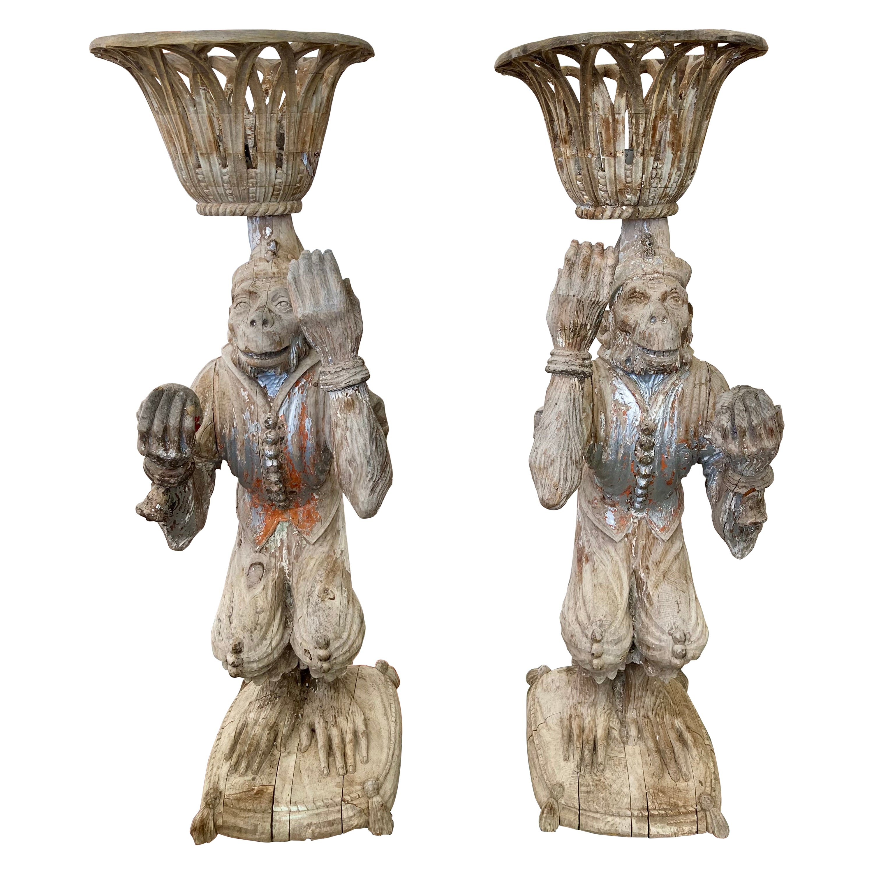 19th Century Italian Carved Wood Monkeys With Baskets, a Pair For Sale ...
