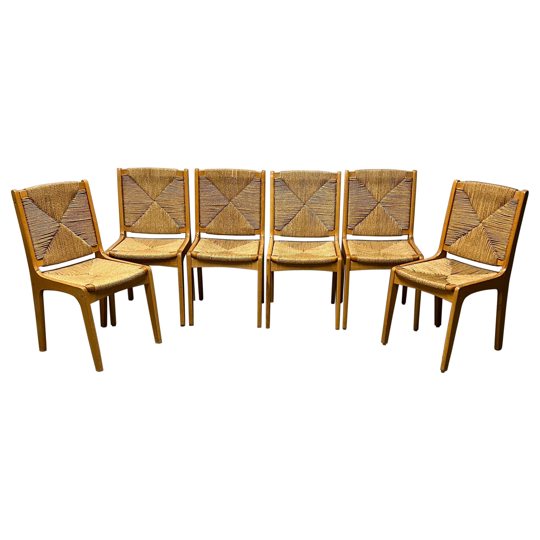 Set of Six Mid-Century Oak and Woven Rush Dining Chairs For Sale at 1stDibs