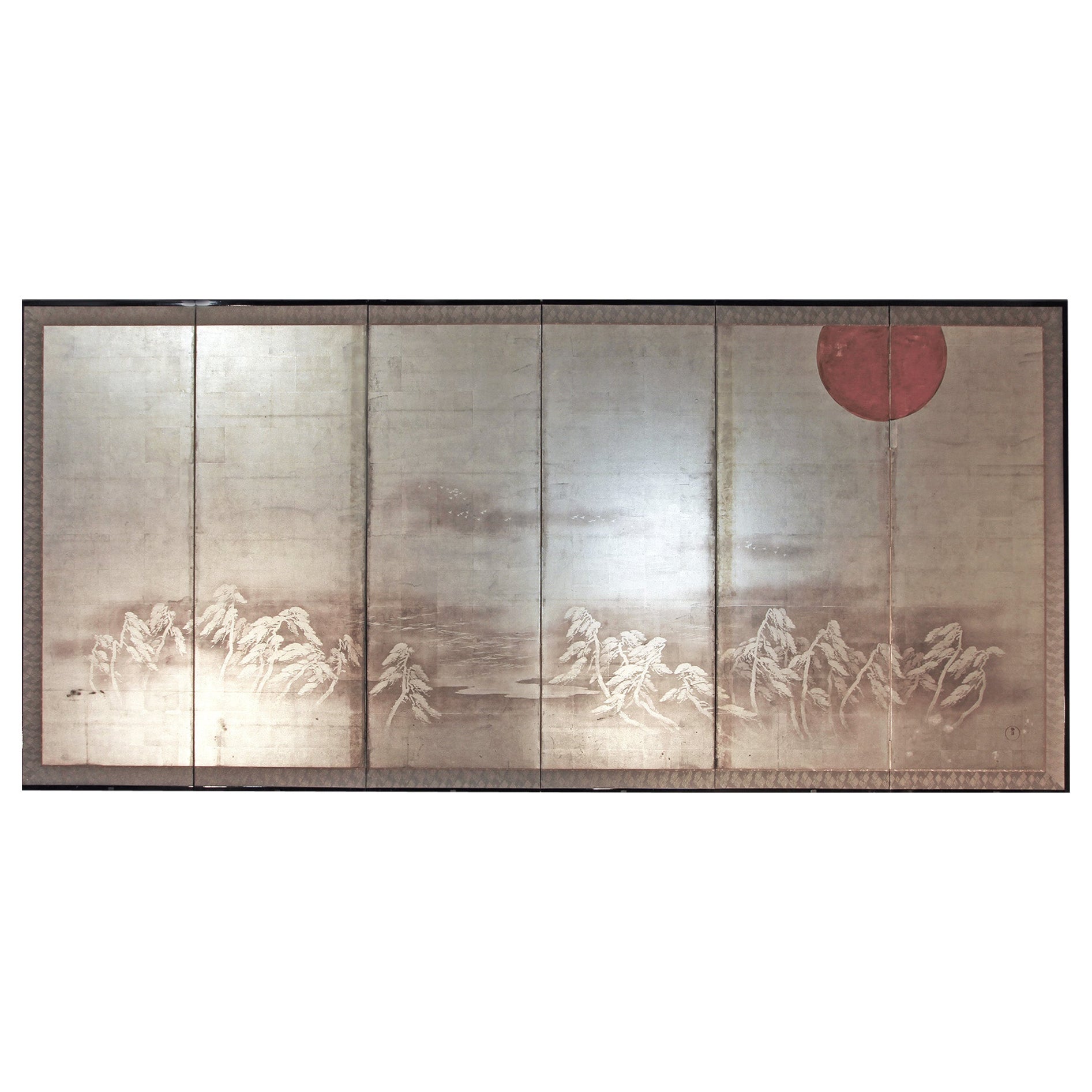 Six-panel Japanese Screen Silver Leaf For Sale at 1stDibs