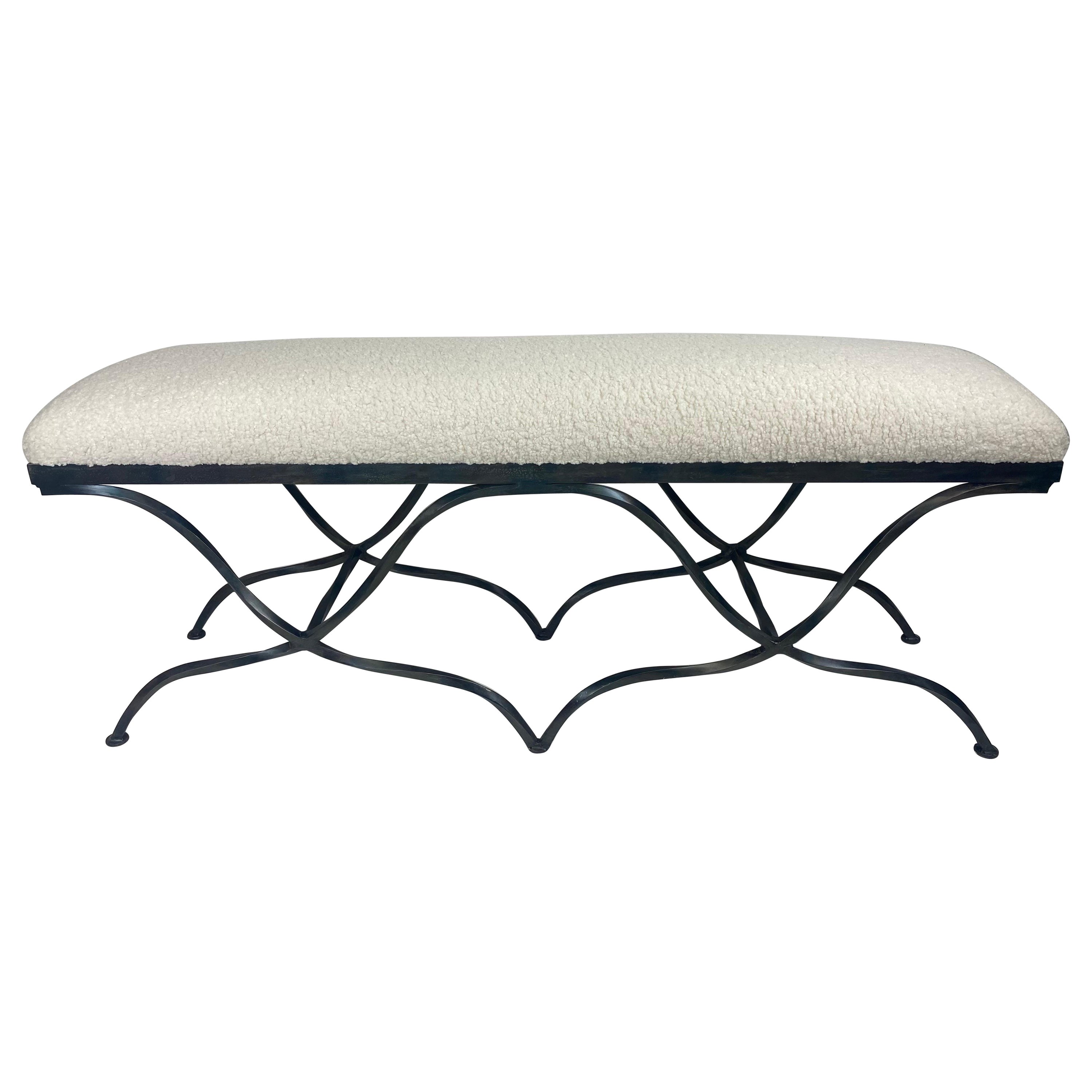Late 20th century hand wrought iron upholstered bench For Sale at 1stDibs