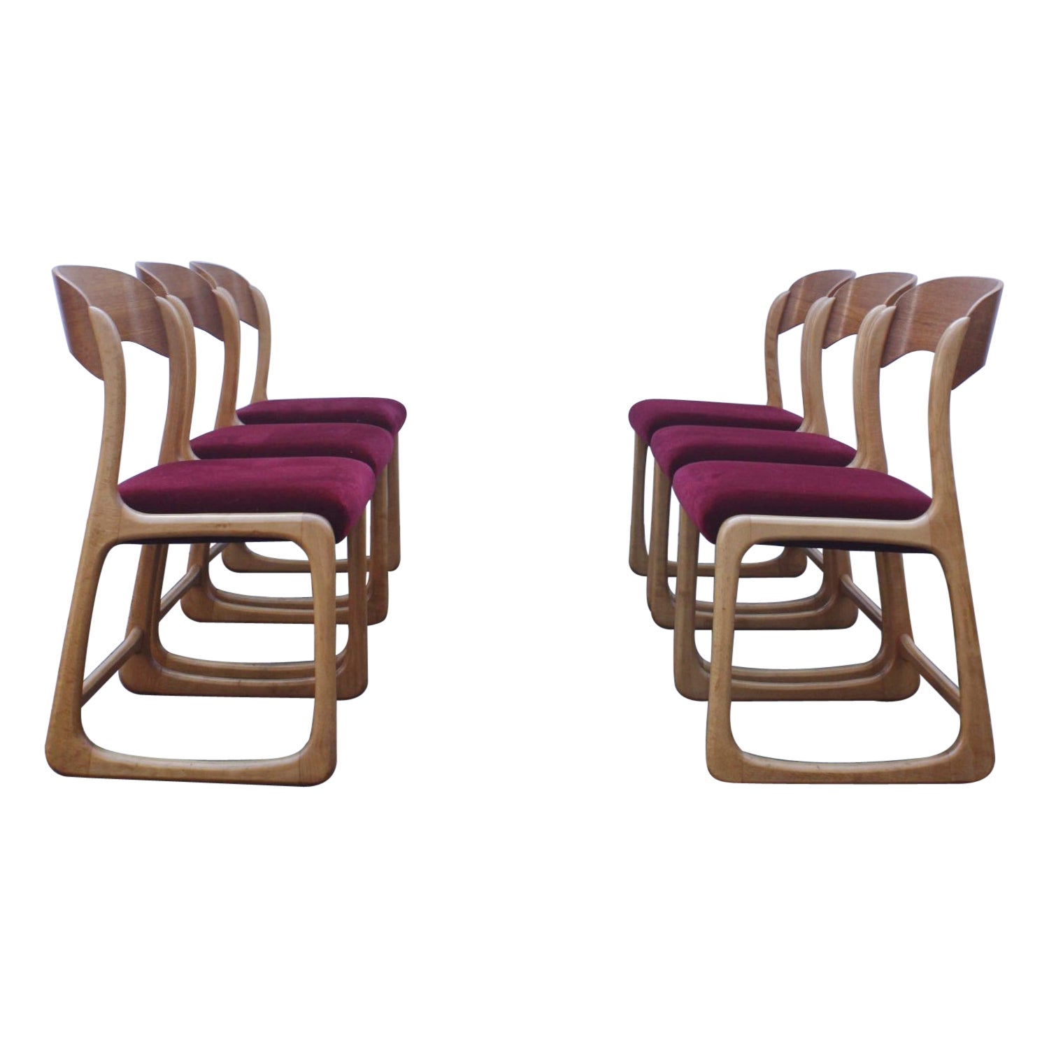 Set of 6 mid-century Baumann Sled chairs in beech and bordeaux velvet ...