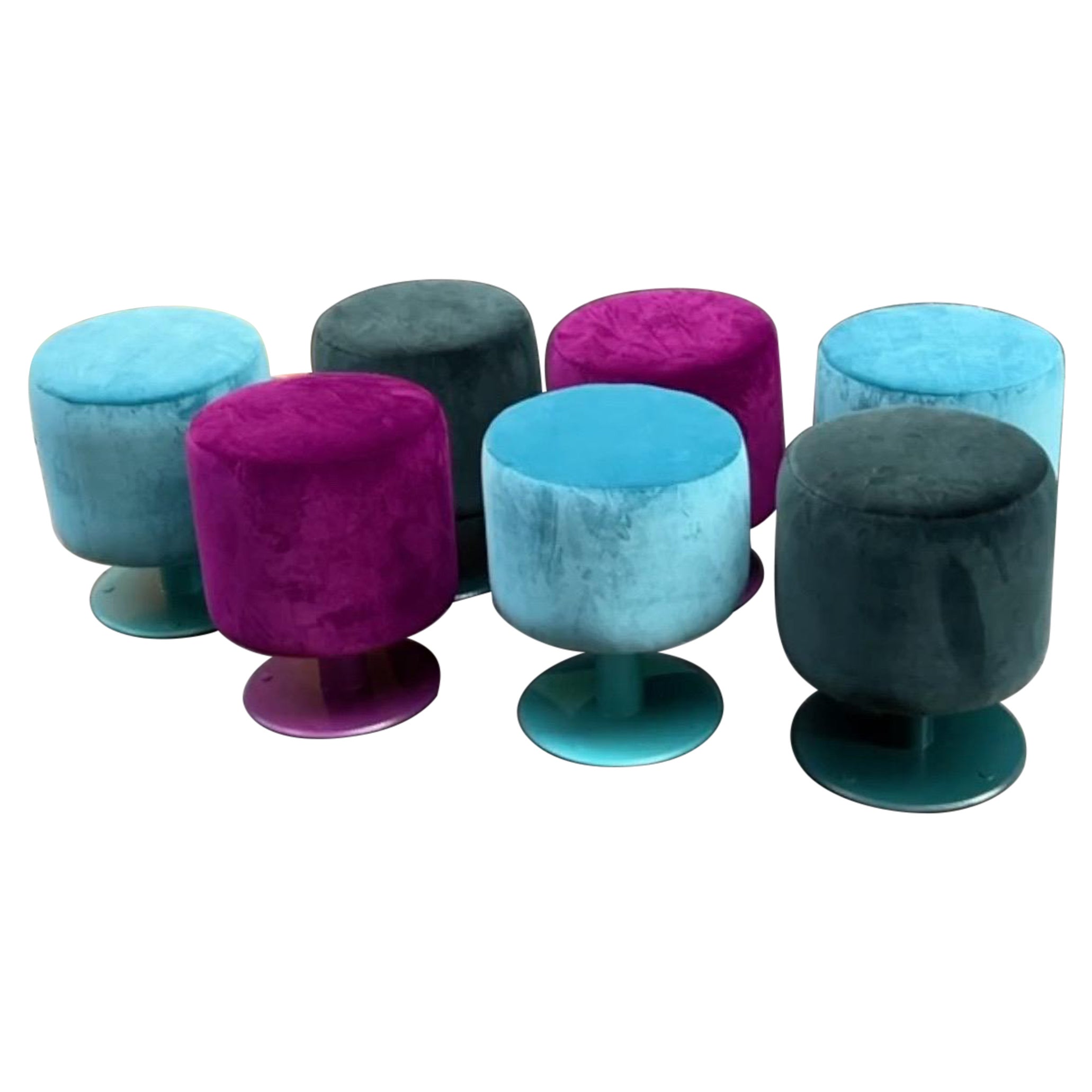 Set of 7 Vintage Poufs Newly Upholstered in Mixed Colored Velvet, 1970s ...