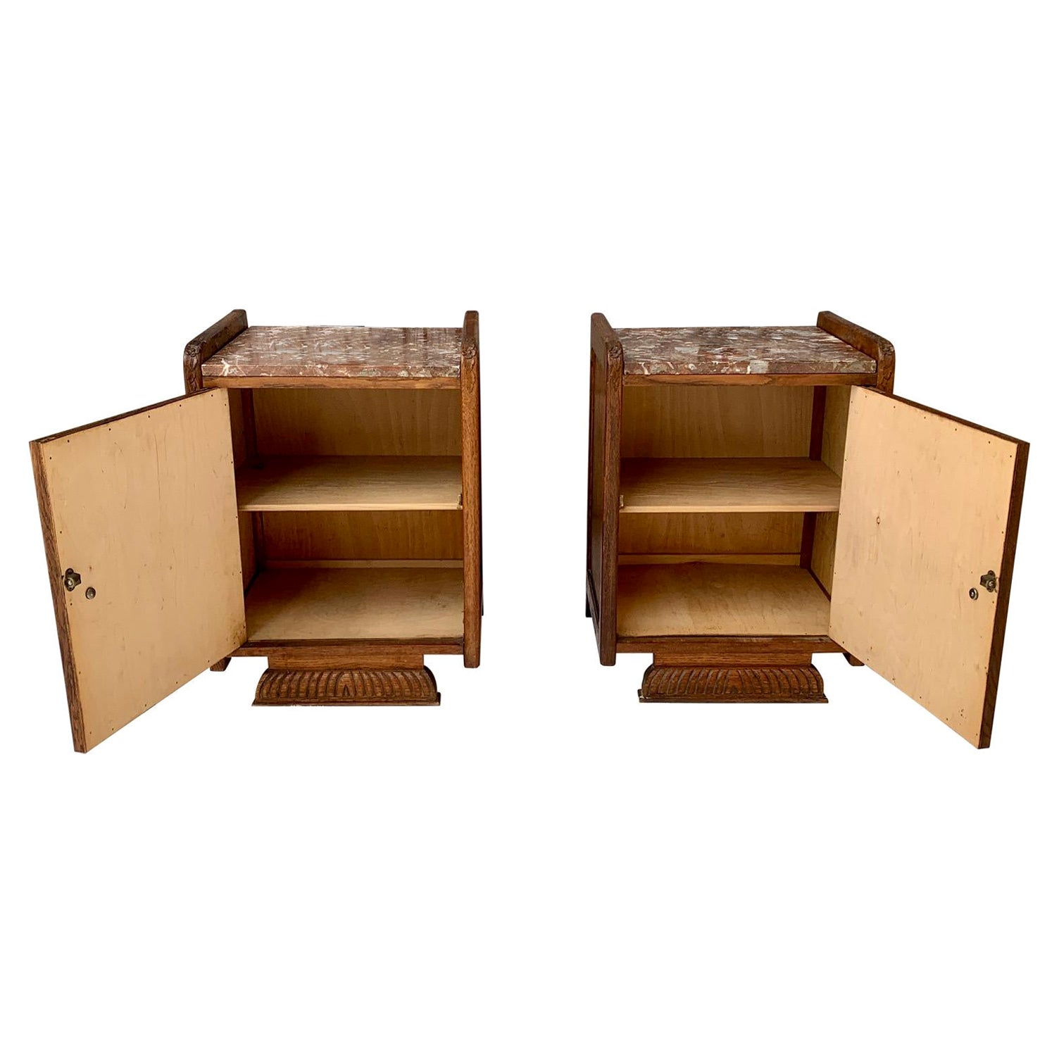 Pair of French Art Deco Nightstands in Oak And Marble at 1stDibs