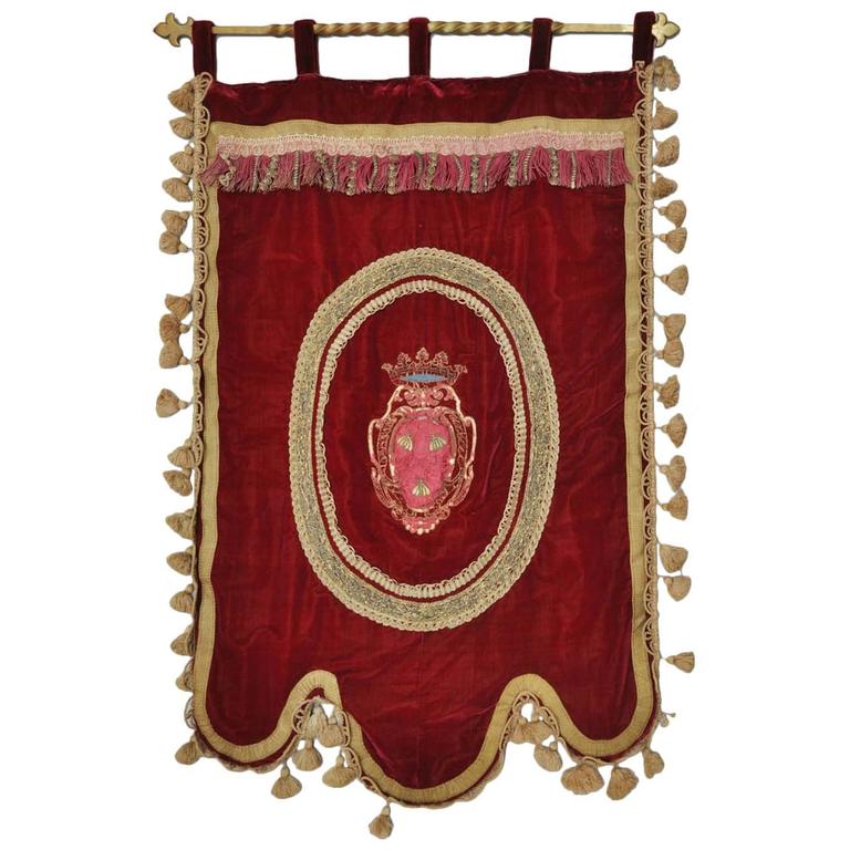 Italian Embroidered Crimson Silk Velvet Banner at 1stDibs
