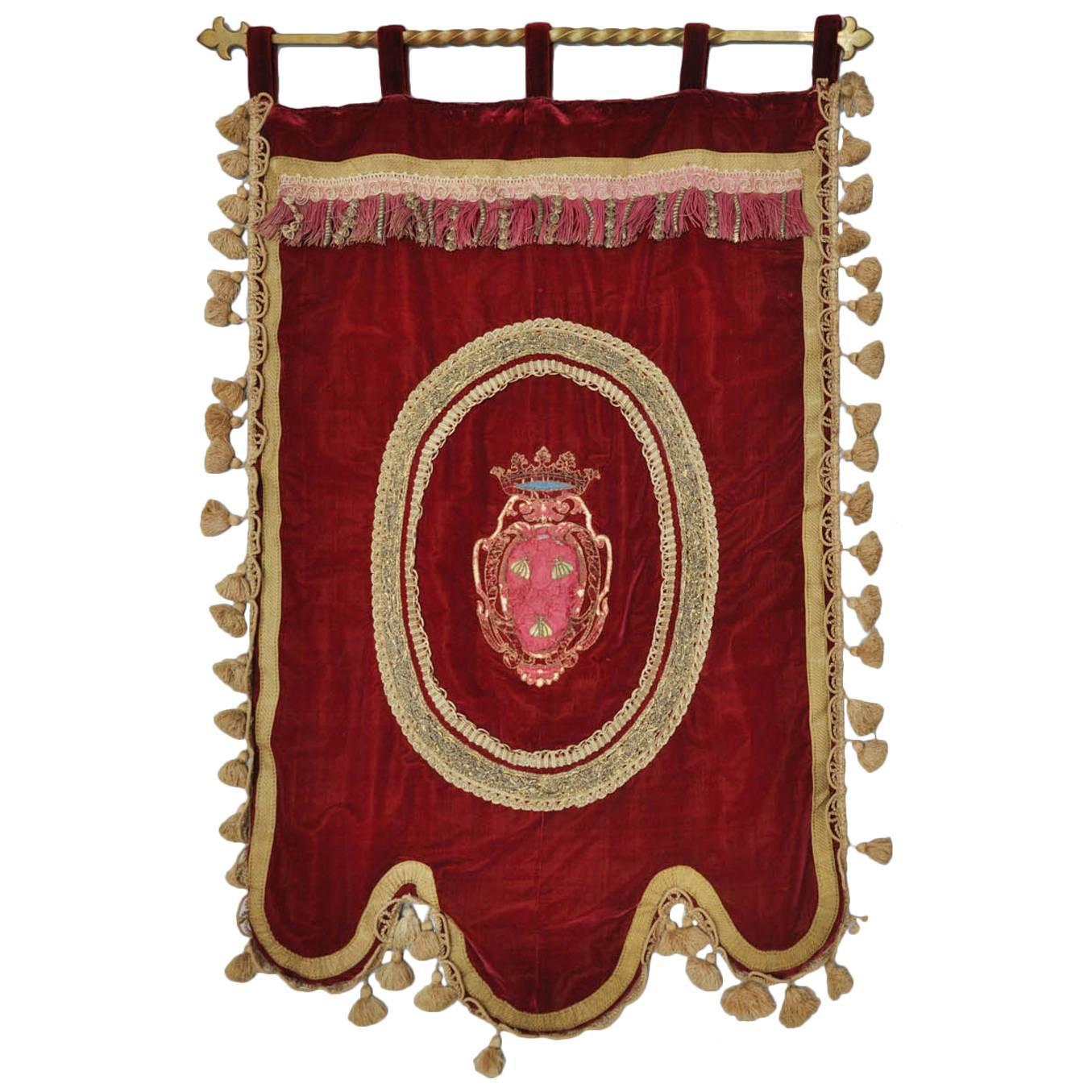 Italian Embroidered Crimson Silk Velvet Banner For Sale at 1stdibs