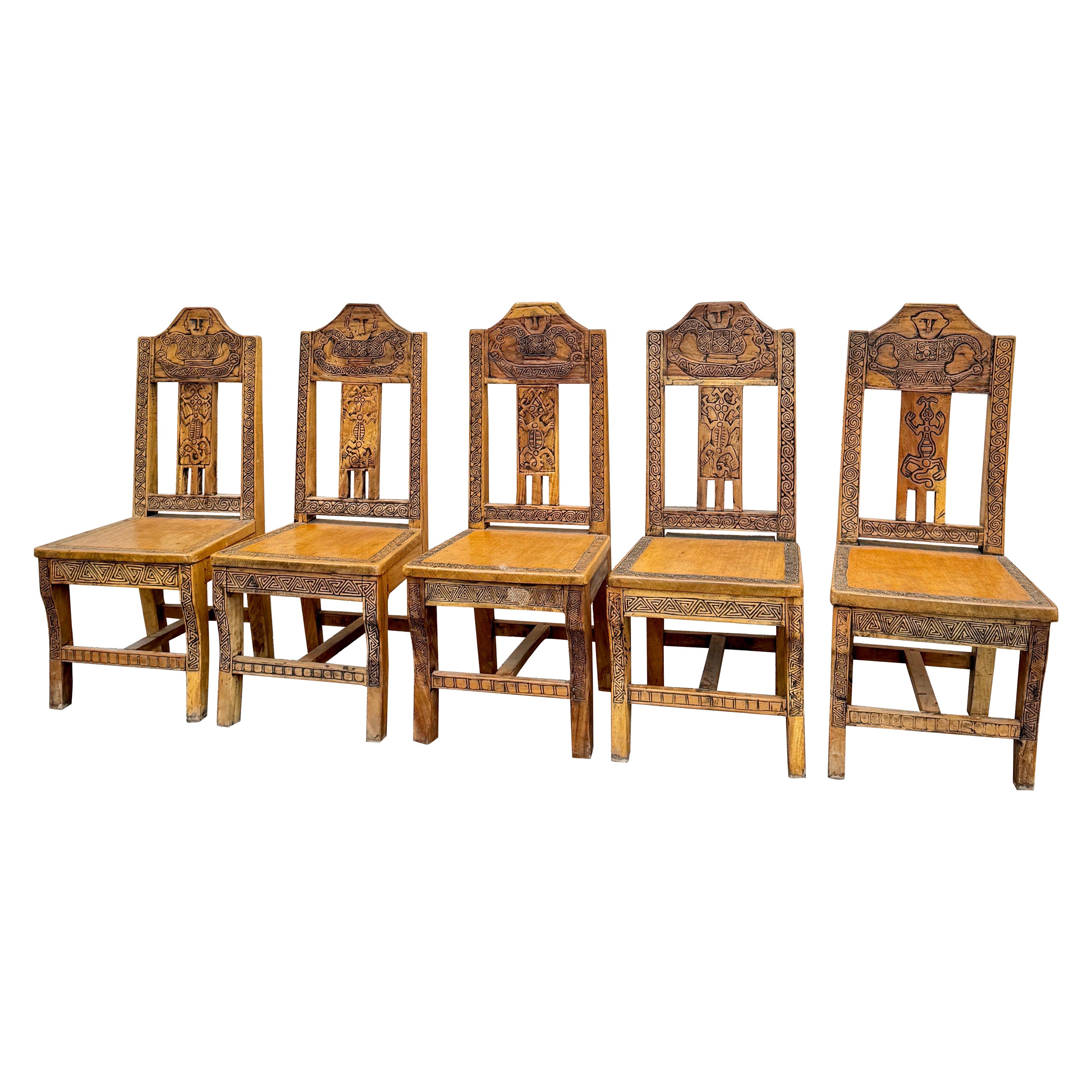 Set of Five Custom Hand Carved Aztec Style Oak Dining Chairs For Sale ...