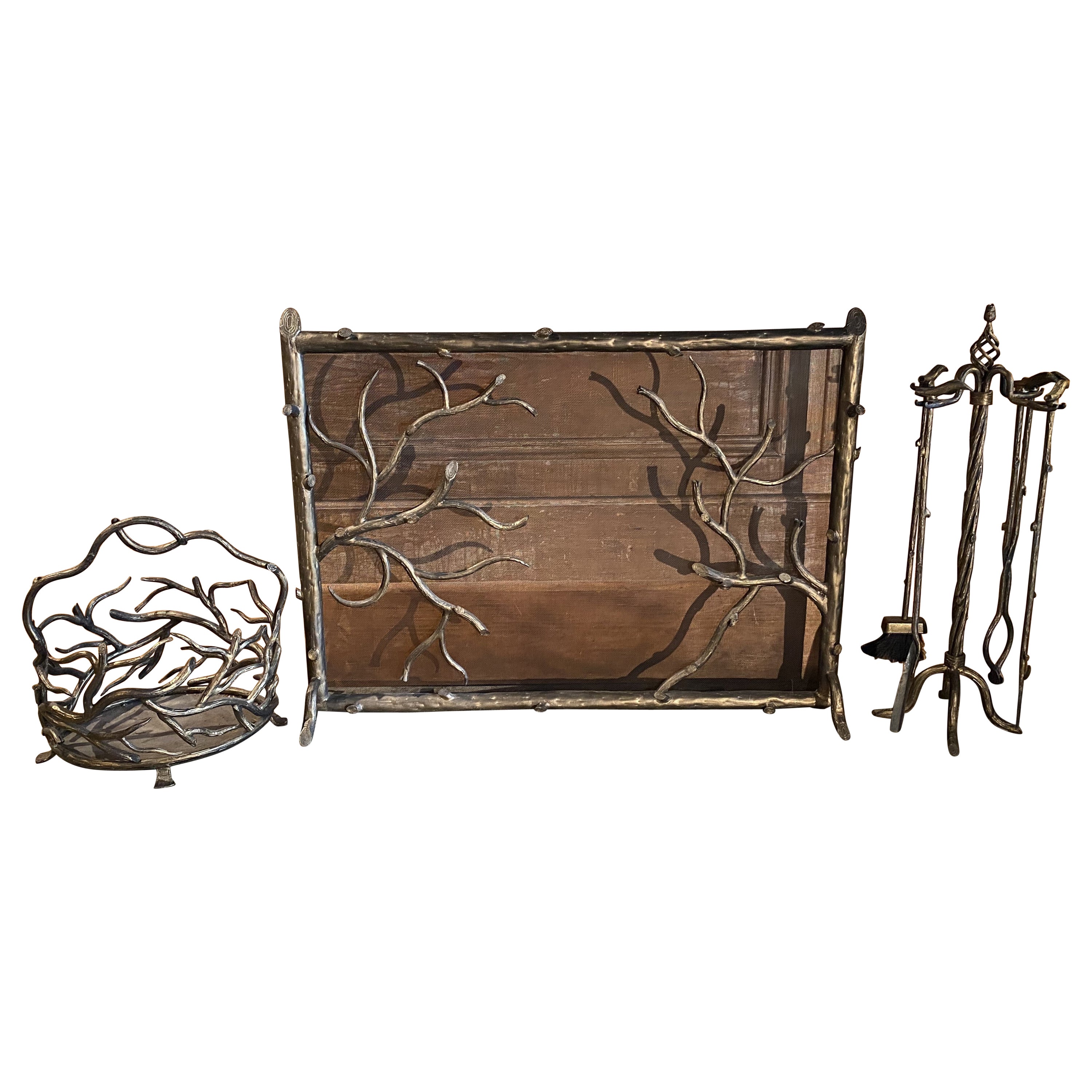 Bronzed Iron Faux Bois Adirondack Fireplace Set w/ Screen, Log Bin and ...
