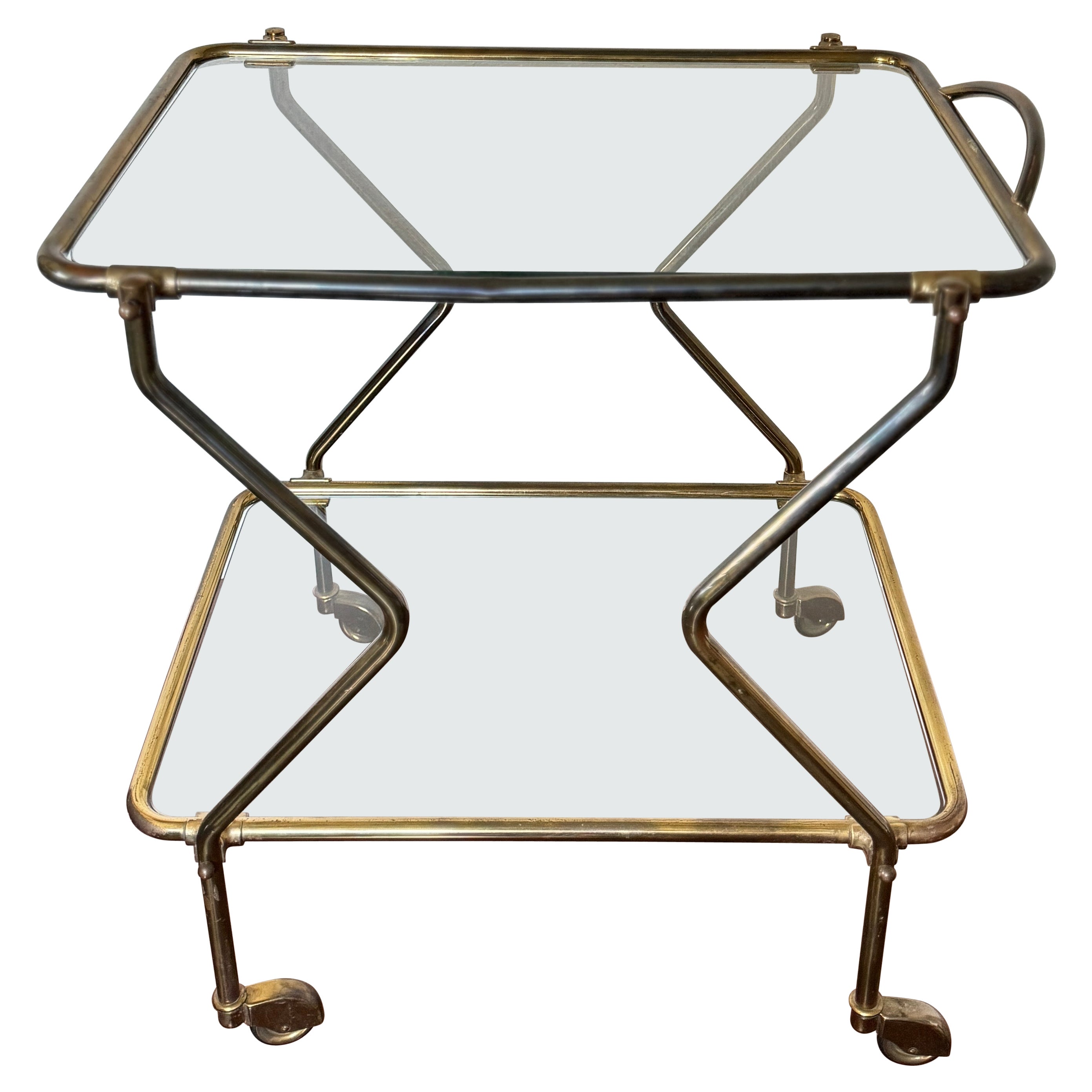 Vintage Italian trolley / bar cart with a brass frame and glass tops ...