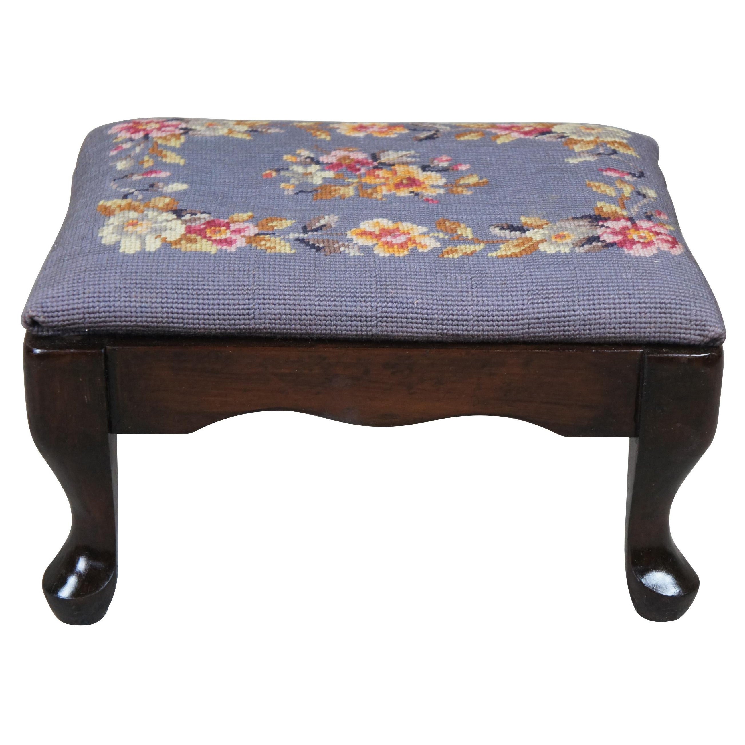 Antique Queen Anne Floral Needlepoint Embroidered Walnut Ottoman Foot ...