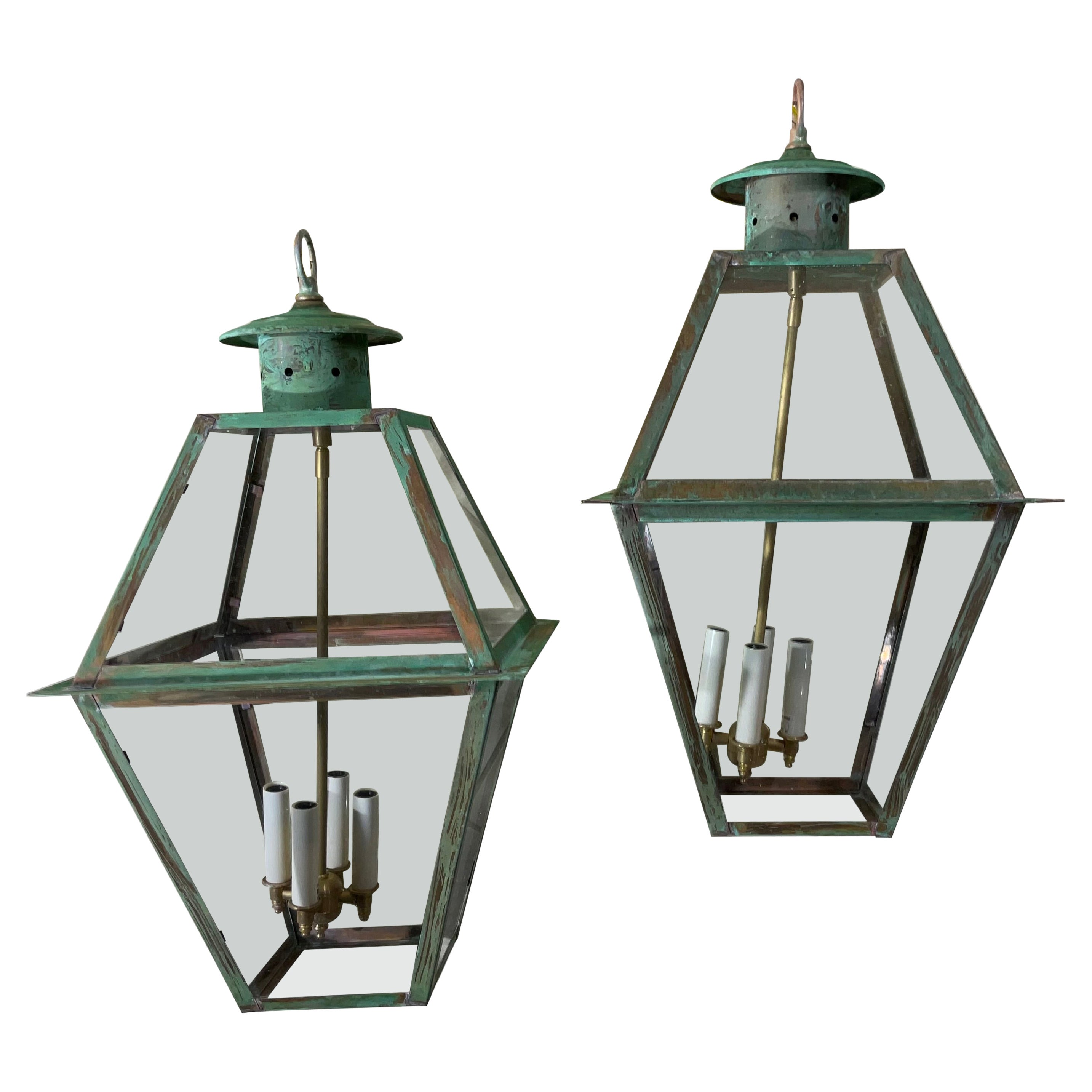 Pair Of Large Square Handcrafted Hanging Lanterns For Sale at 1stDibs