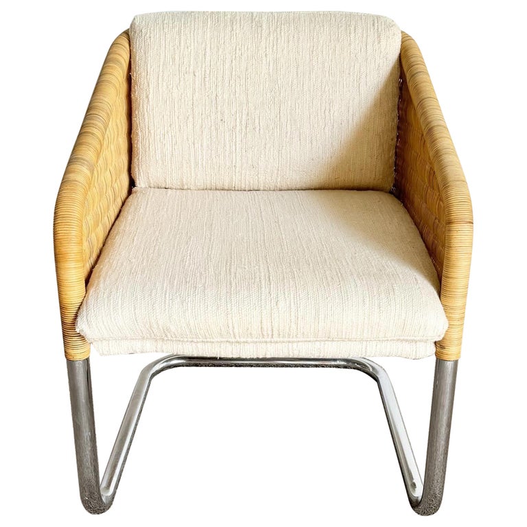 Mid Century Modern Boho Chrome and Wicker Cantilever Arm Chair