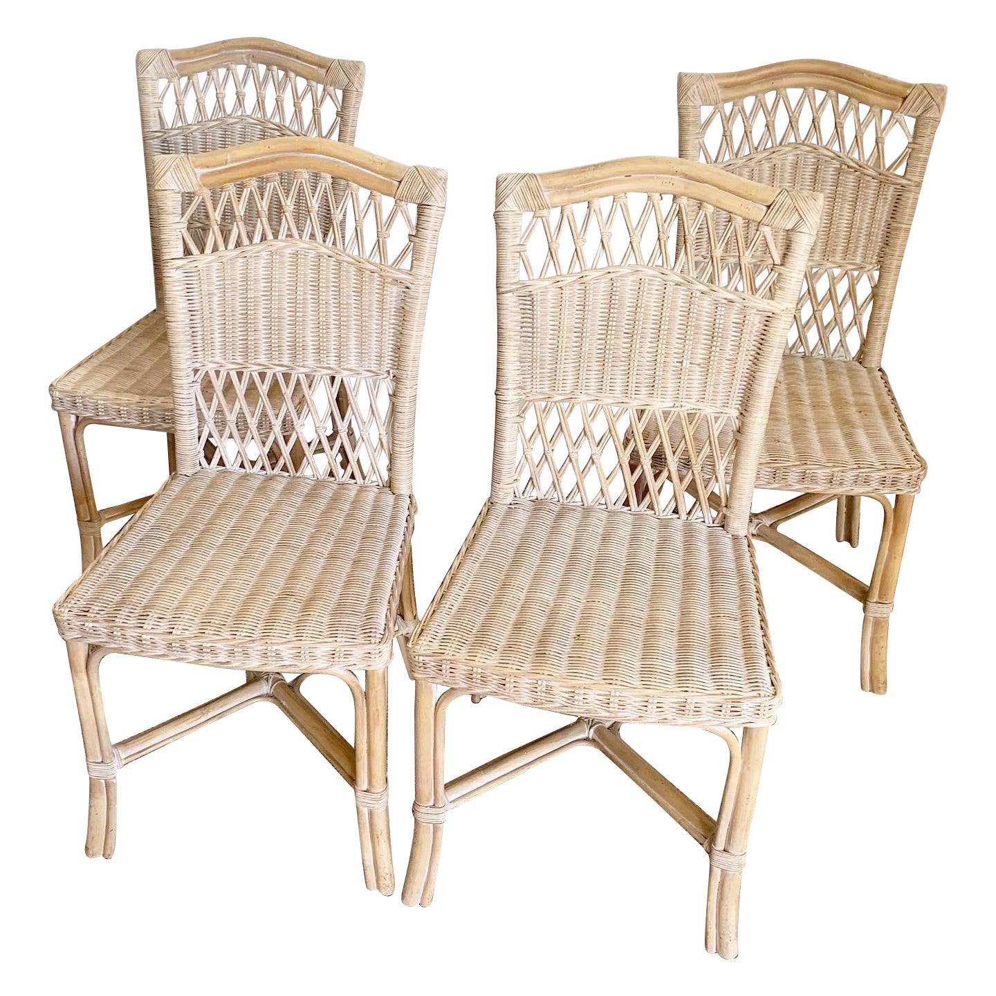 Boho Chic Wicker Bamboo Rattan Dining Chairs - Set of 4 For Sale at 1stDibs