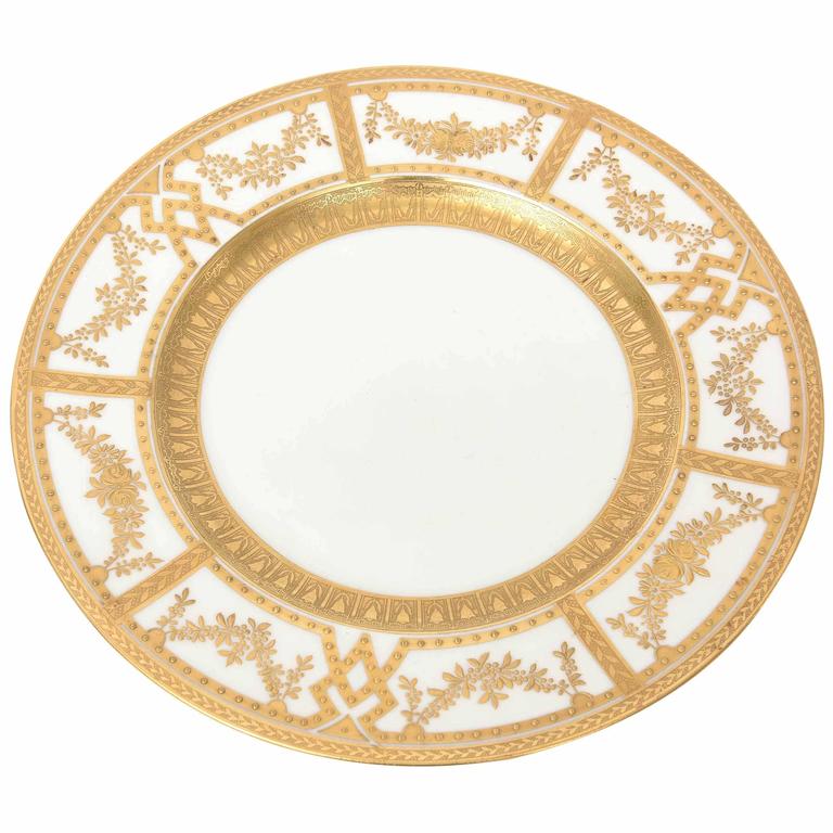 12 Antique English Dinner Plates with Raised Tooled Gold, Hand ...