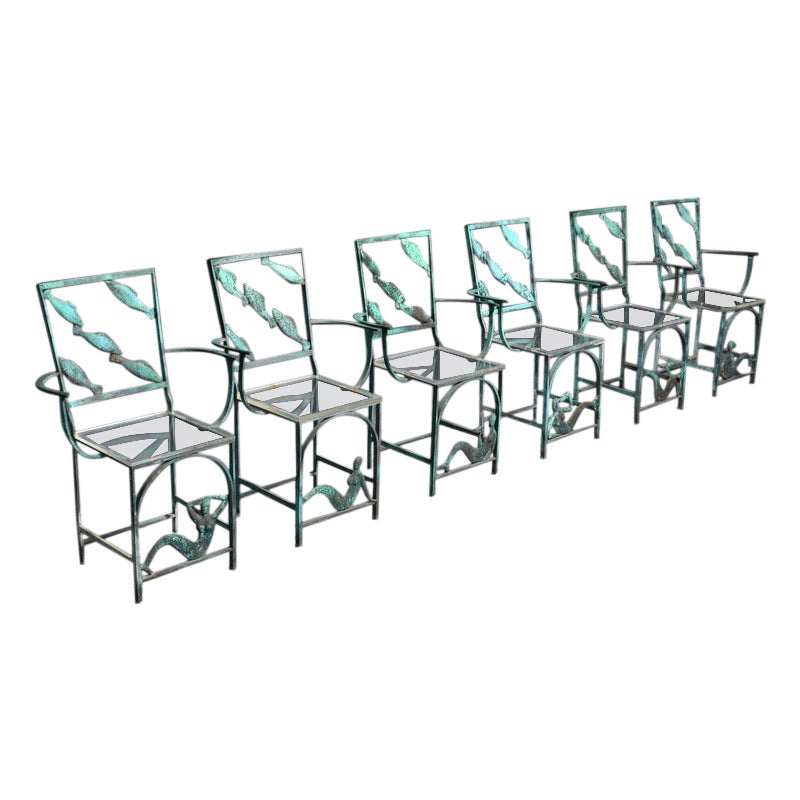 Rare Jacques Dufresne Bronze MERMAID Chairs, Set of 6 For Sale at 1stDibs