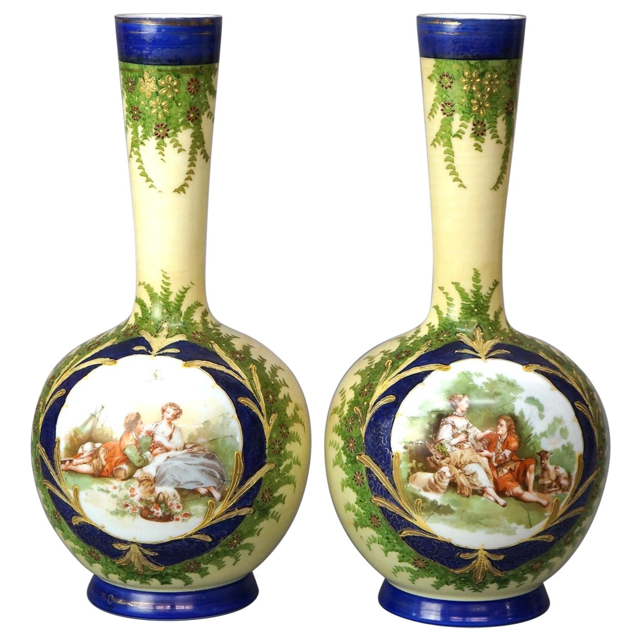 Antique Pair of Hand Painted Opaline Glass Vases with Courting Scenes C1890 For Sale at 1stDibs