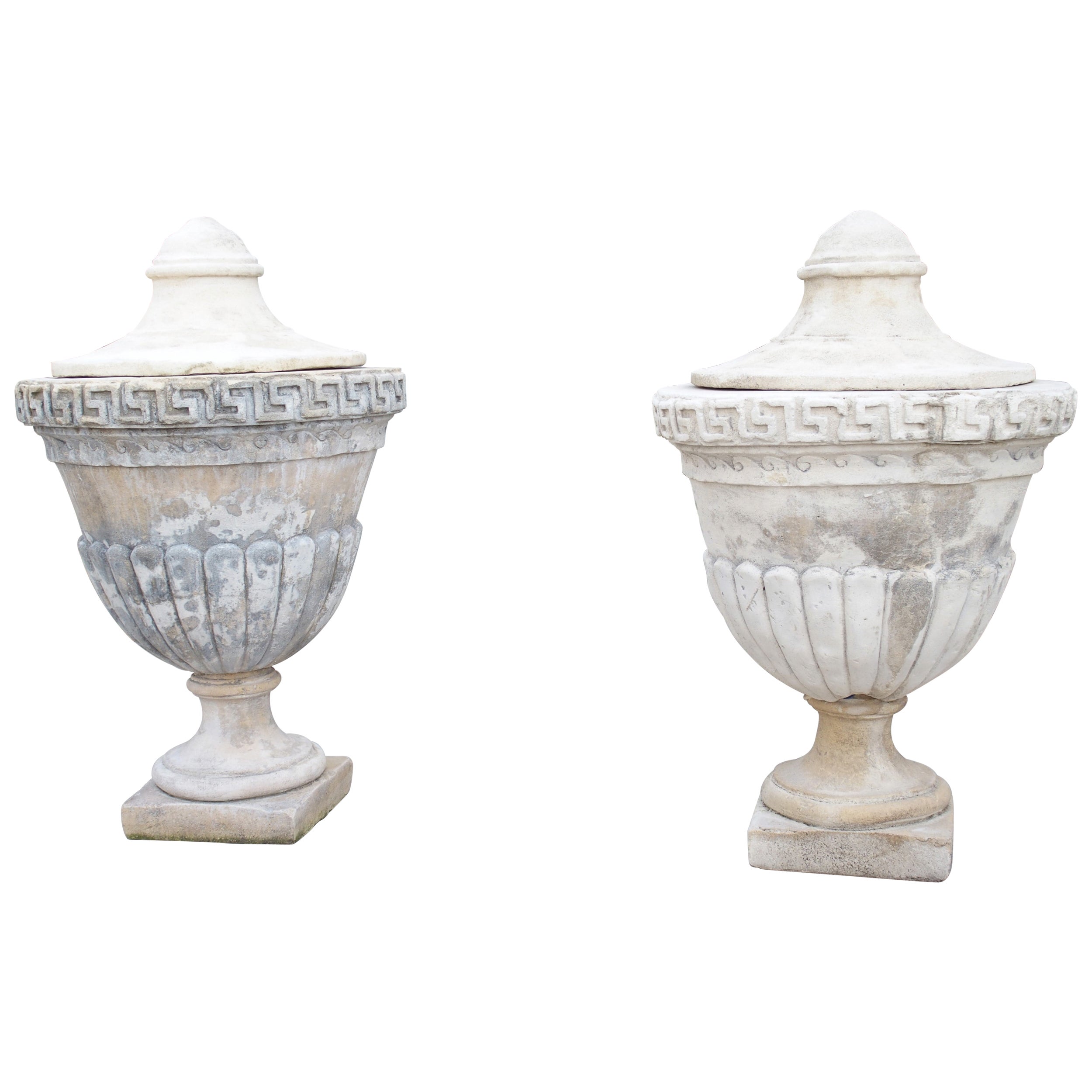 Pair of Lidded Cast Limestone Greek Key Urns from Southern Italy For ...