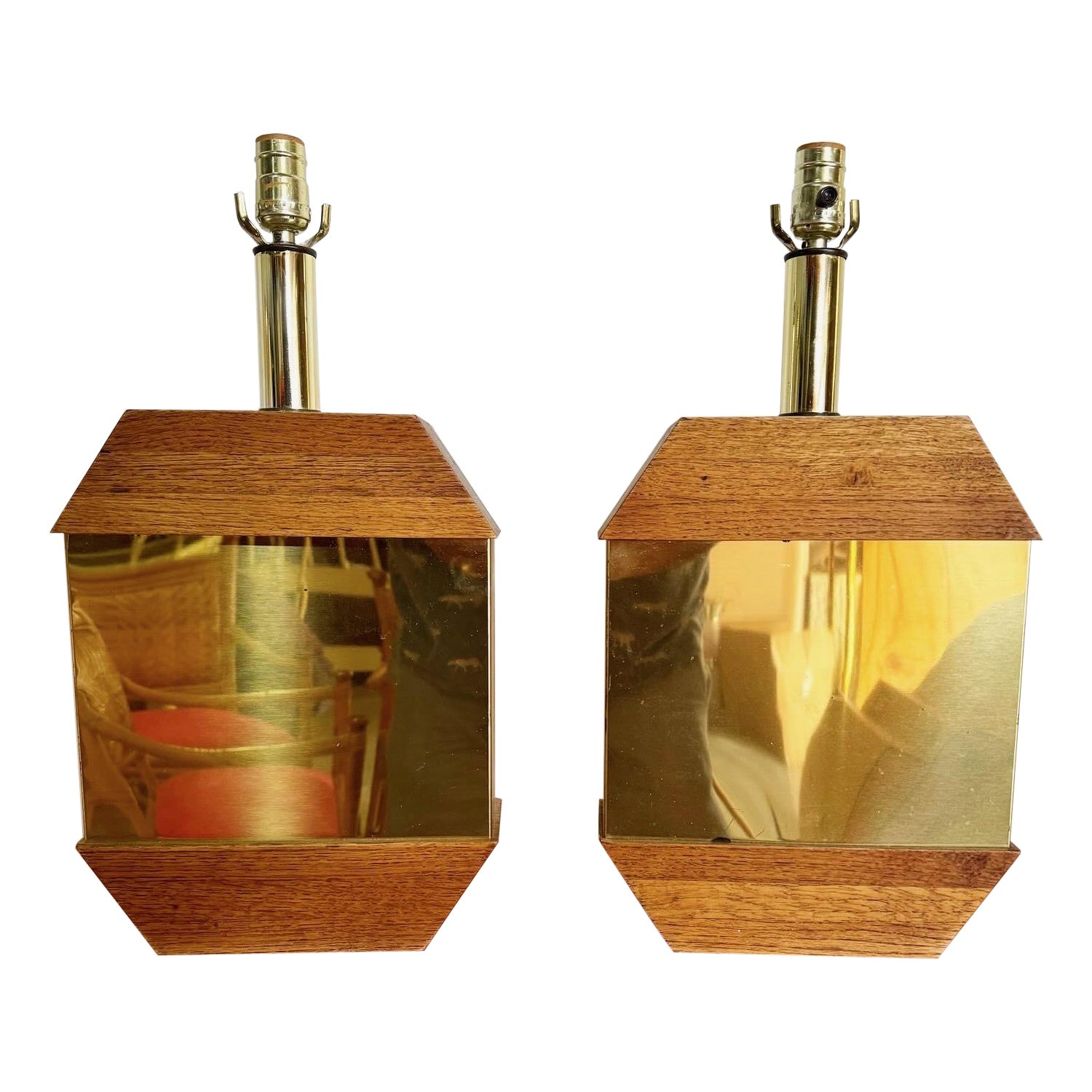 Mid Century Modern Octagonal Gold and Oak Wood Lamps - a Pair For Sale ...