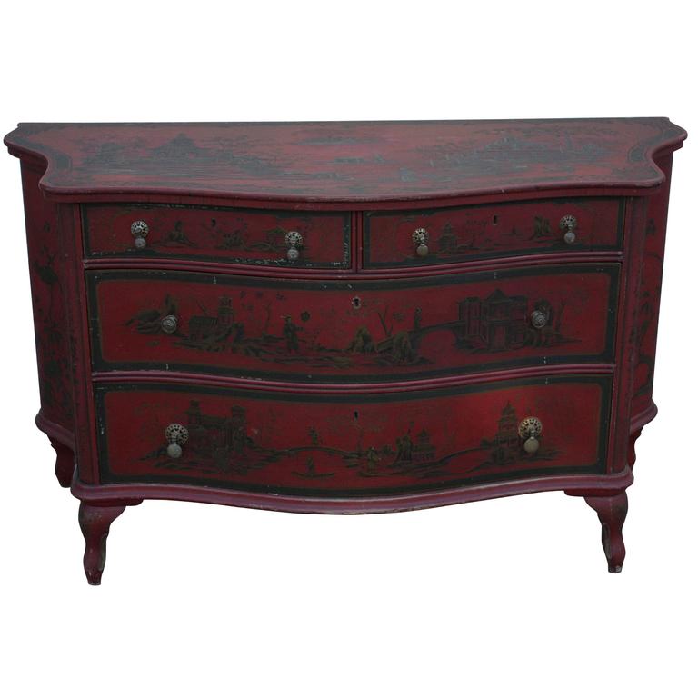 1940s English Red Chinoiserie Hand-Painted Decorated Large Four-Drawer ...