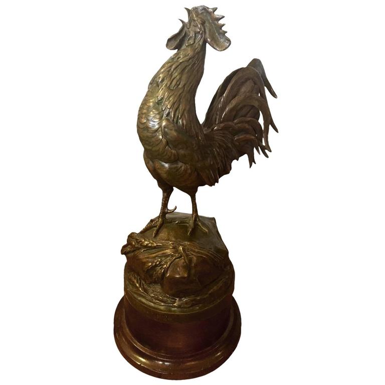 Wonderful Bronze Rooster Sculpture on Original Wooden Base at 1stDibs