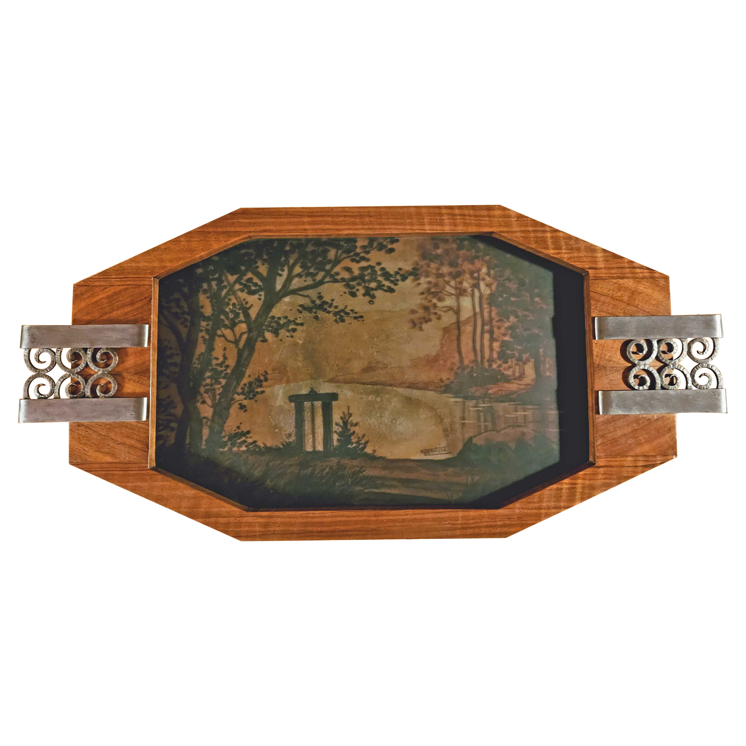 Large Art Deco Tray Signed églomisé, Walnut And Wrought Iron For Sale ...