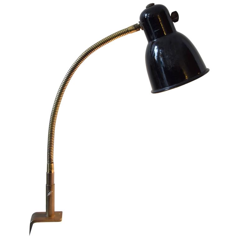 Flexible Clamp Brass Table Lamp with Enameled Black Metal Shade For ...