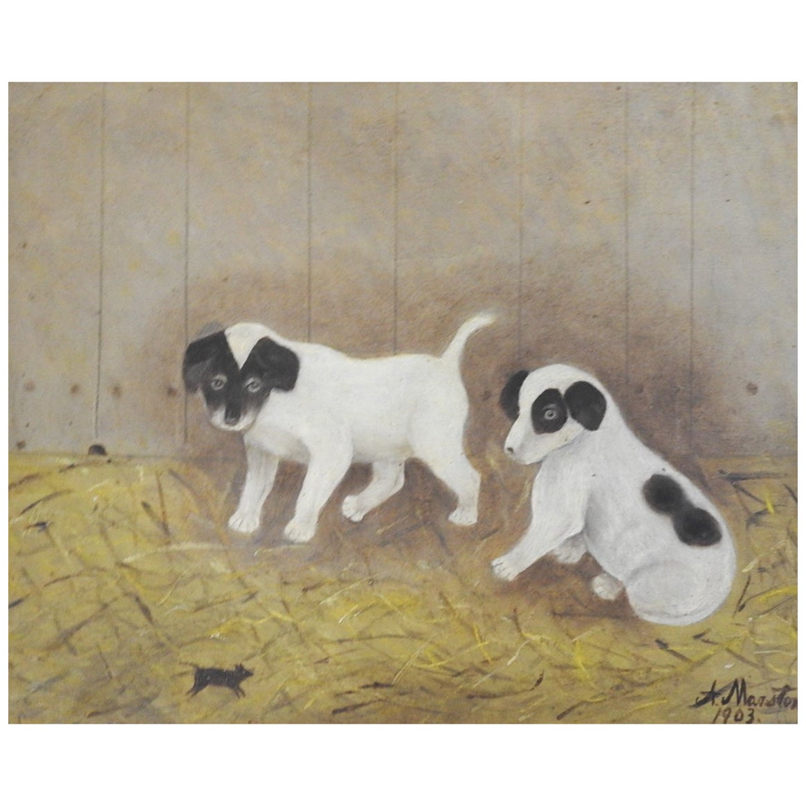 1903 Folk Art Puppy Dogs and Mouse Painting For Sale at 1stDibs