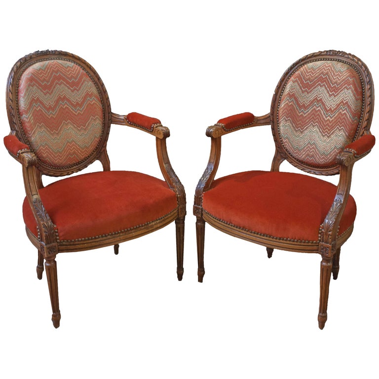 Pair of French Louis XVI Style Round Back Open Arm Chairs at 1stDibs