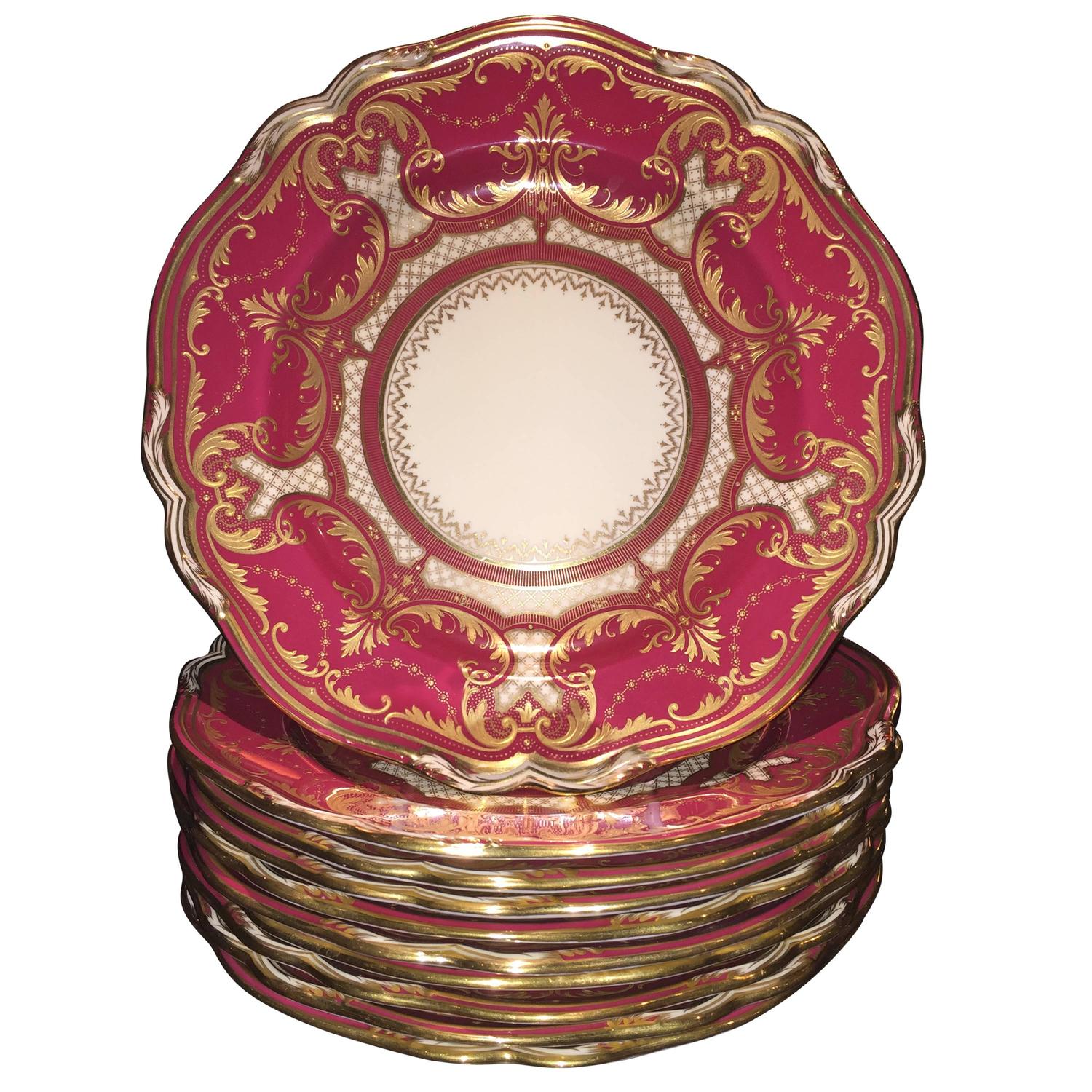 Set of Ten Gold Encrusted Magenta Colored Spode Copeland's China Dinner ...