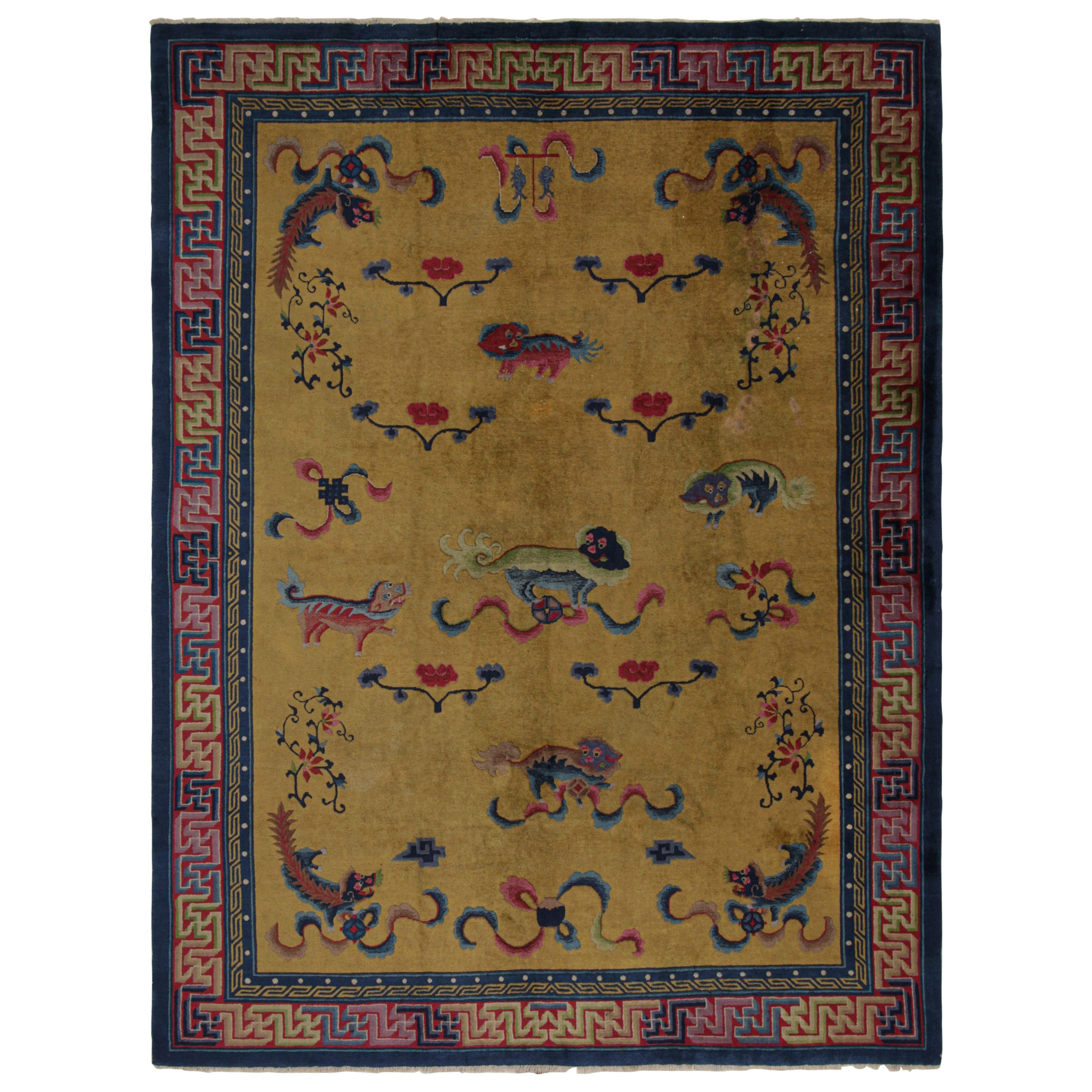 Antique Indochinese Art Deco Rug in Gold with Kirin Pictorials, from ...