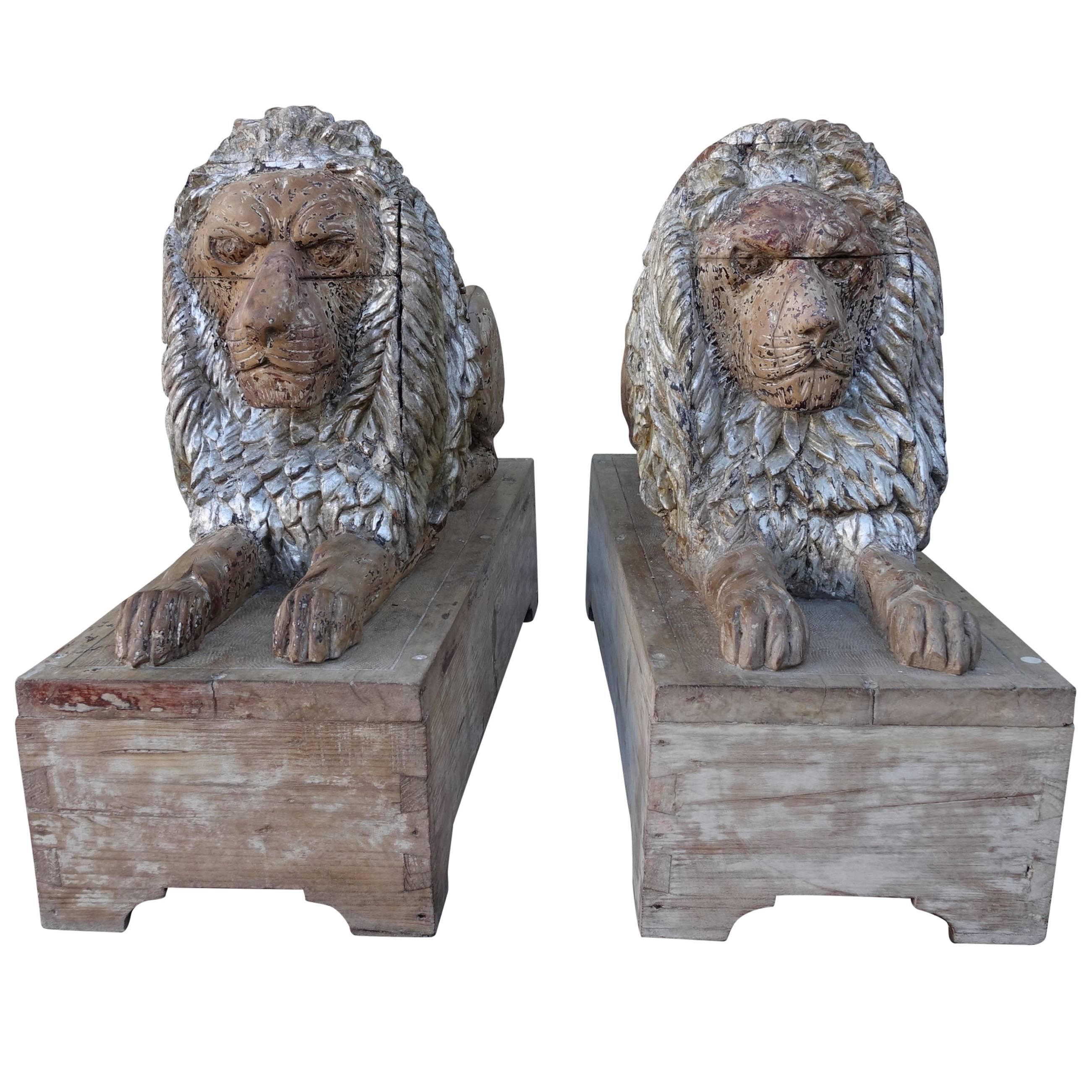Pair of 19th Century Carved Italian Lions on Bases at 1stDibs