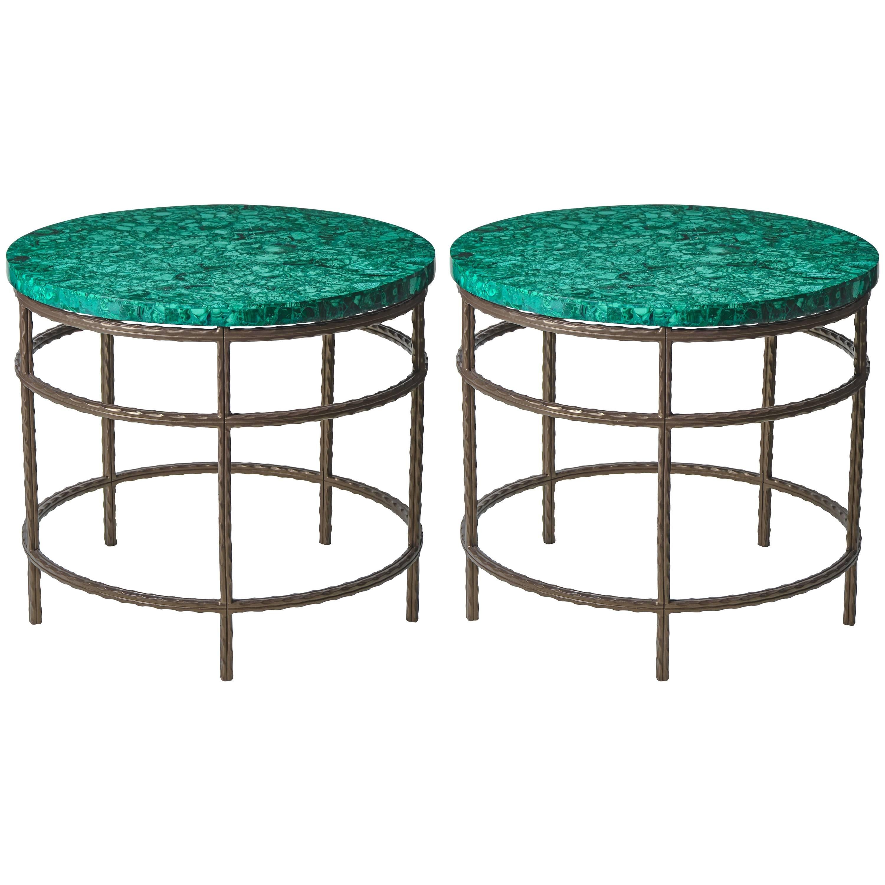 Pair of Malachite Circular Side Tables on Bronze Frames For Sale at 1stDibs