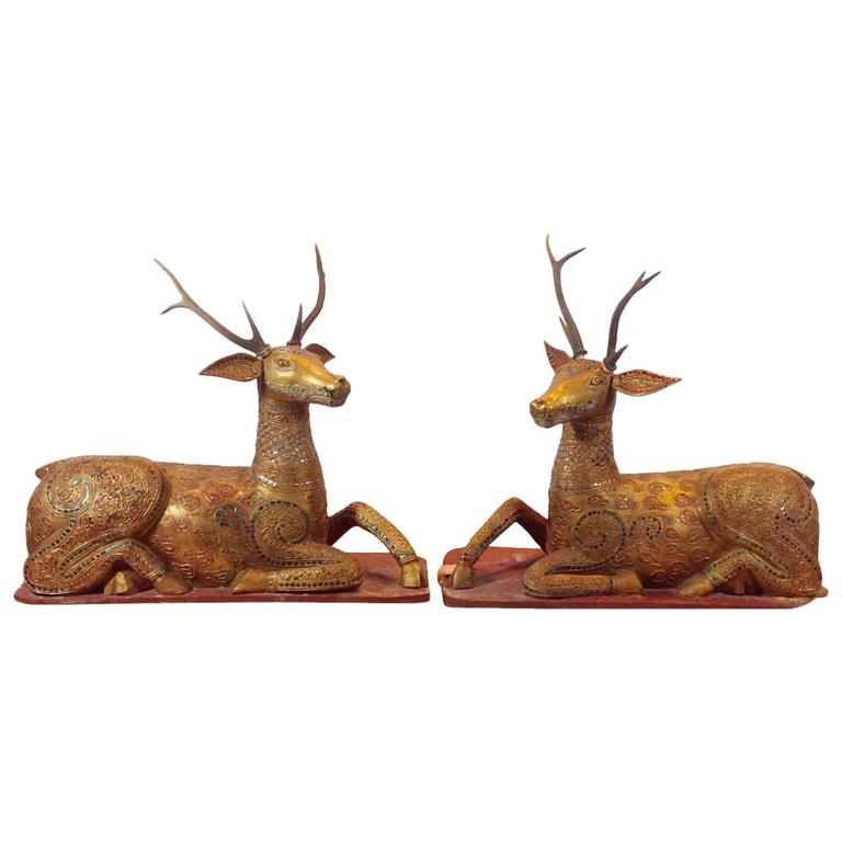 Pair of Burmese Gilt Teak Wood with Glass Inlay Deer For Sale at 1stDibs
