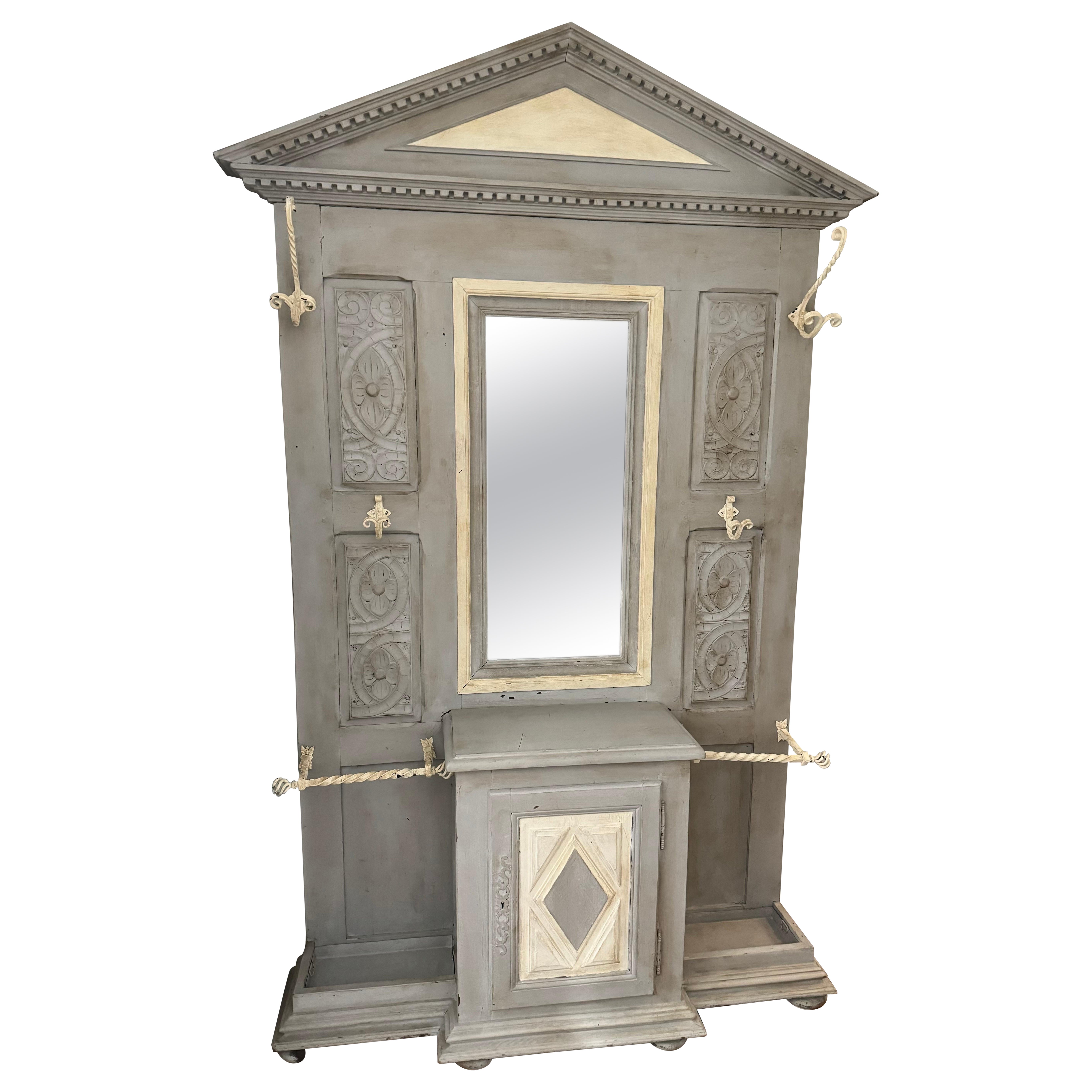 Hand Painted and Carved Hall tree Mirror with Hooks For Sale at 1stDibs