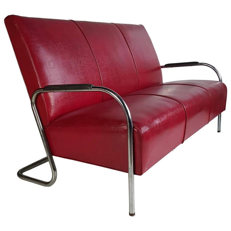Wolfgang Hoffmann Tubular Chrome Three-Seat Sofa /Settee, Art Deco at ...
