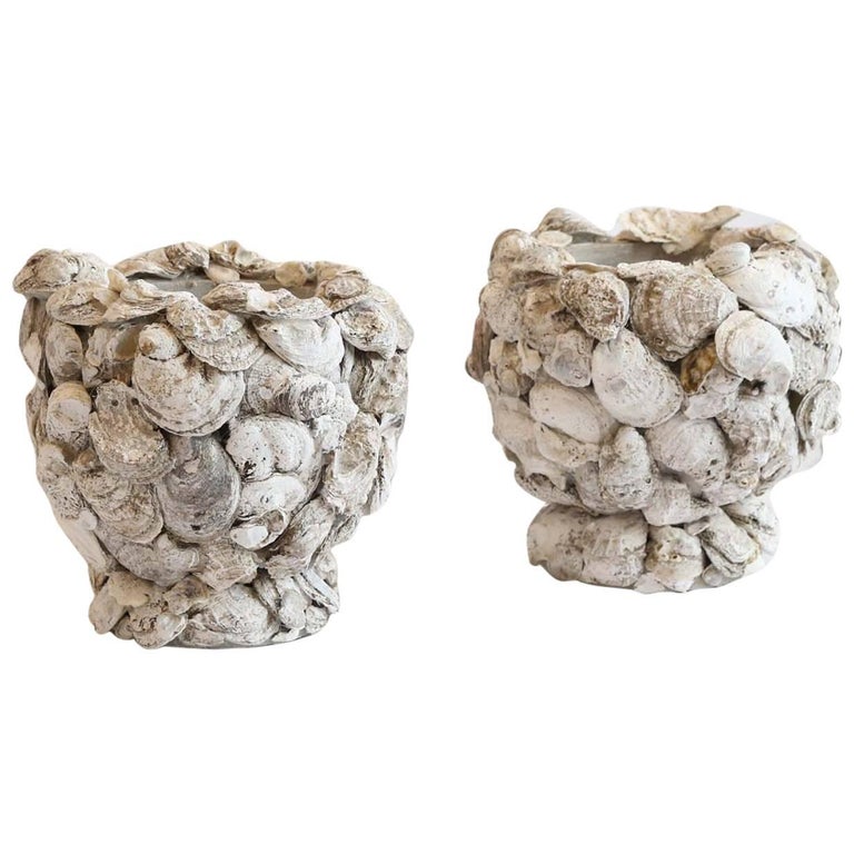 Pair of Oyster Shell Covered Cachepots For Sale at 1stDibs