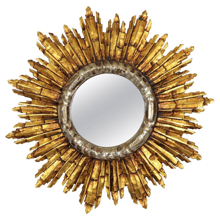 French Baroque Style Giltwood and Silver Sunburst Mirror at 1stdibs
