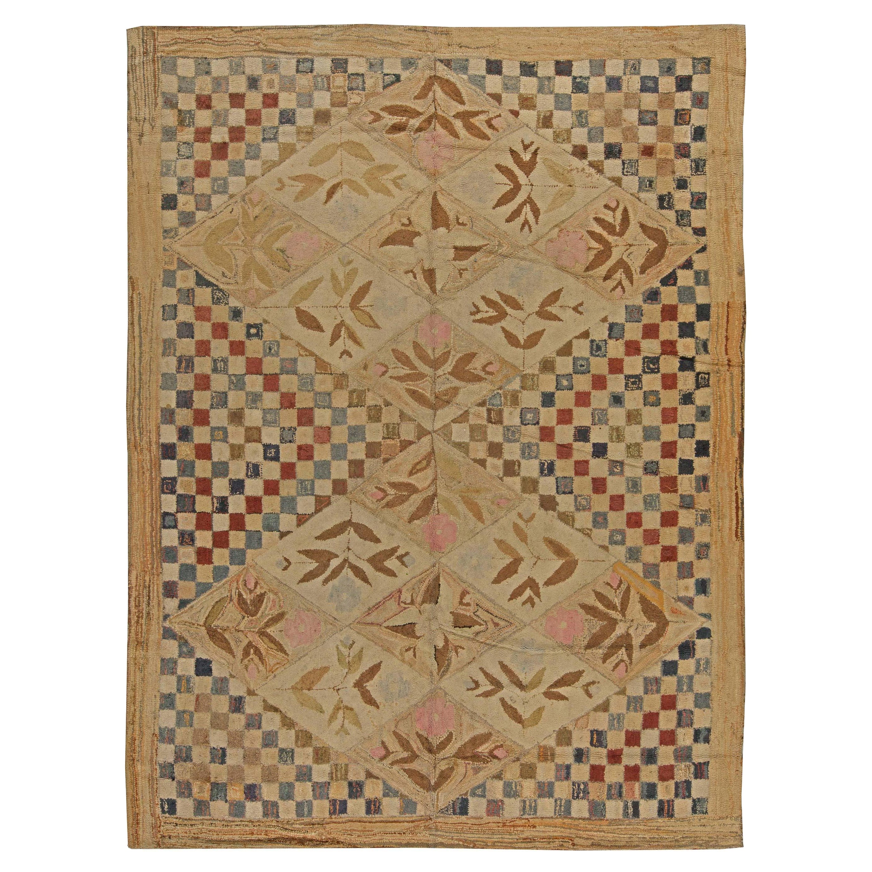 Midcentury Botanic Hooked Wool Rug For Sale at 1stDibs