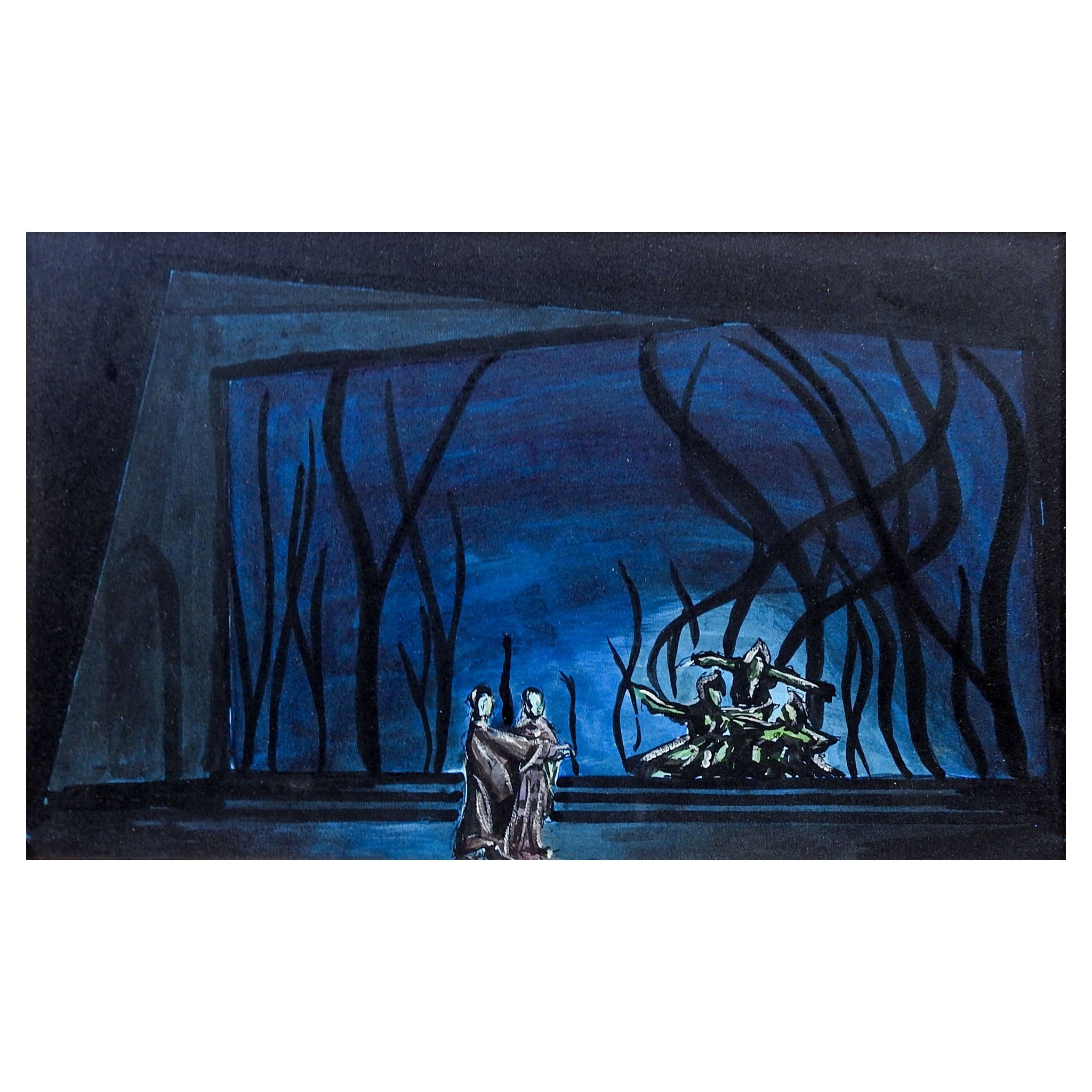 Vintage Mid Century Macbeth Theater Set Design 3 Witches Painting For ...