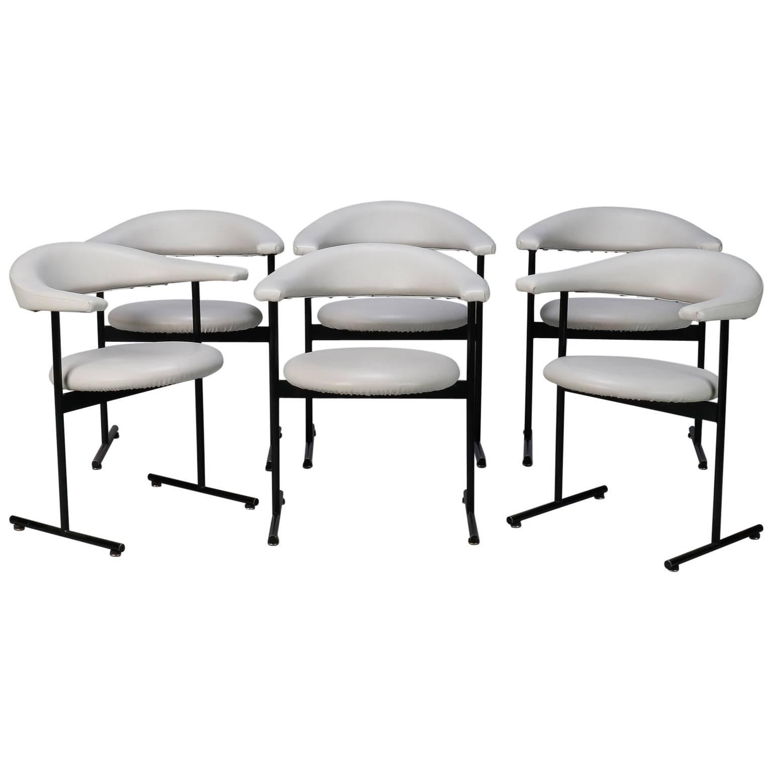 Set of Six Off-White Midcentury Streamlined Armchairs with Black Metal ...