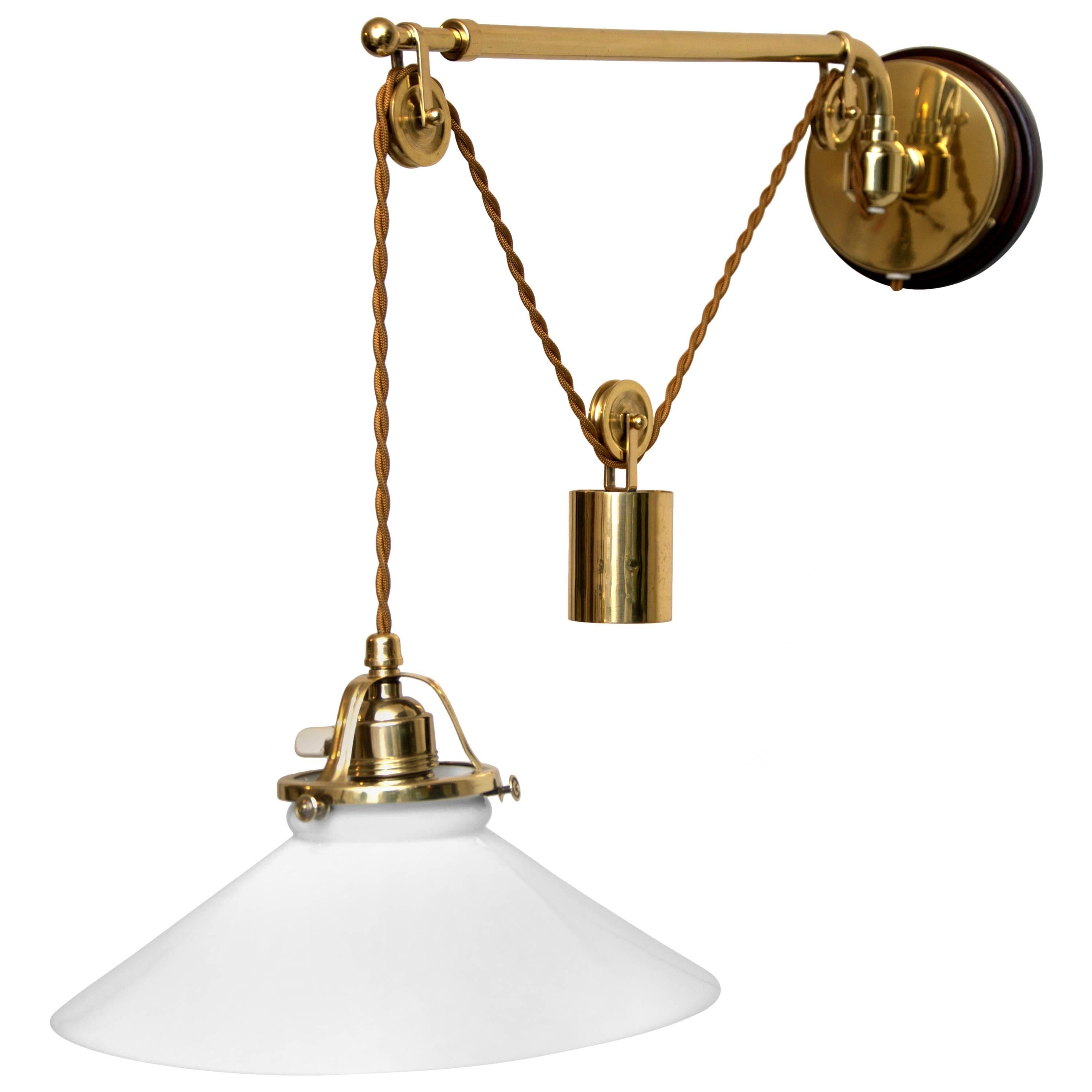 Art Deco Adjustable 'Telescope' Brass Wall Lamp with Opal Glass Shade ...
