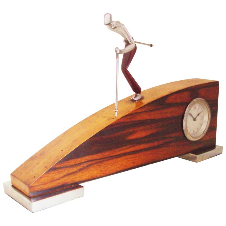 Italian Art Deco/Futurist Chrome and Palissandre Skier Clock by Veglia ...
