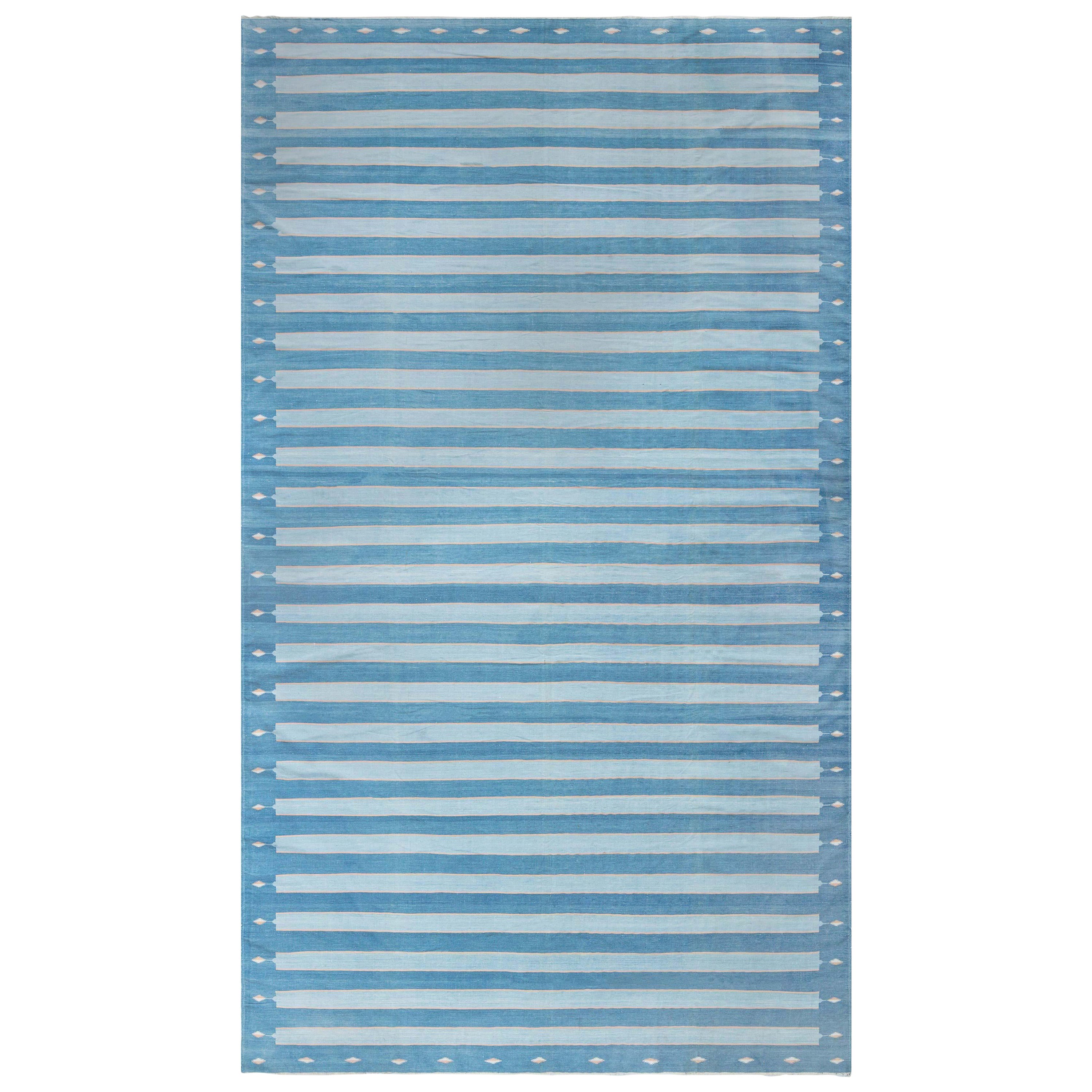 Doris Leslie Blau Midcentury Indian Dhurrie Striped Blue Cotton Rug For ...