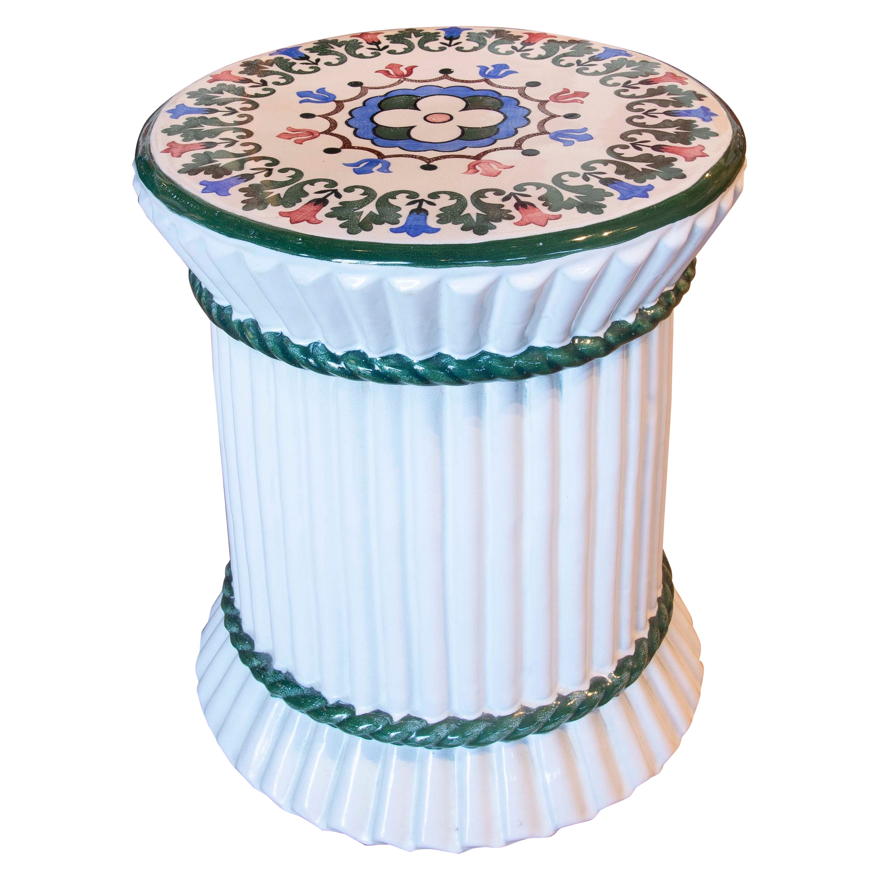 Italian modern beige ceramic column pedestal with colored flowers ...