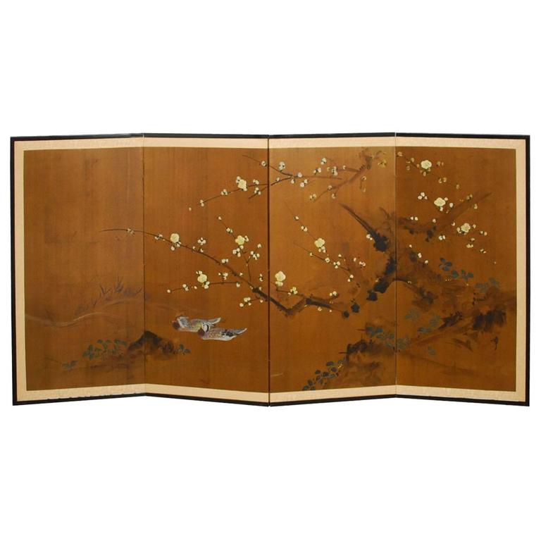 Japanese Four-Panel Screen Cherry Blossom on Gold Leaf at 1stDibs