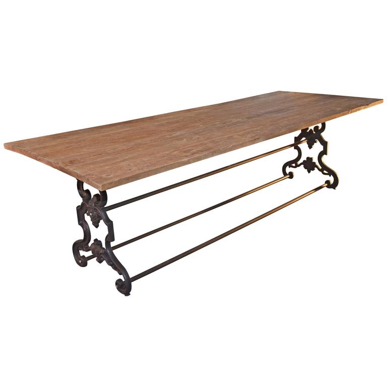 Spanish Renaissance Farm Style Metal Base Table with Teak Top at 1stDibs