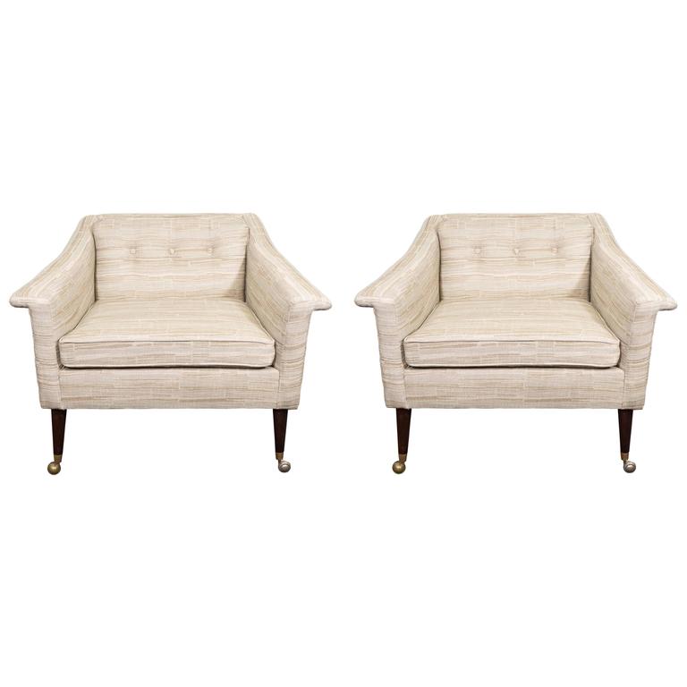 Pair of Mid-Century Club Chairs in Linen at 1stDibs