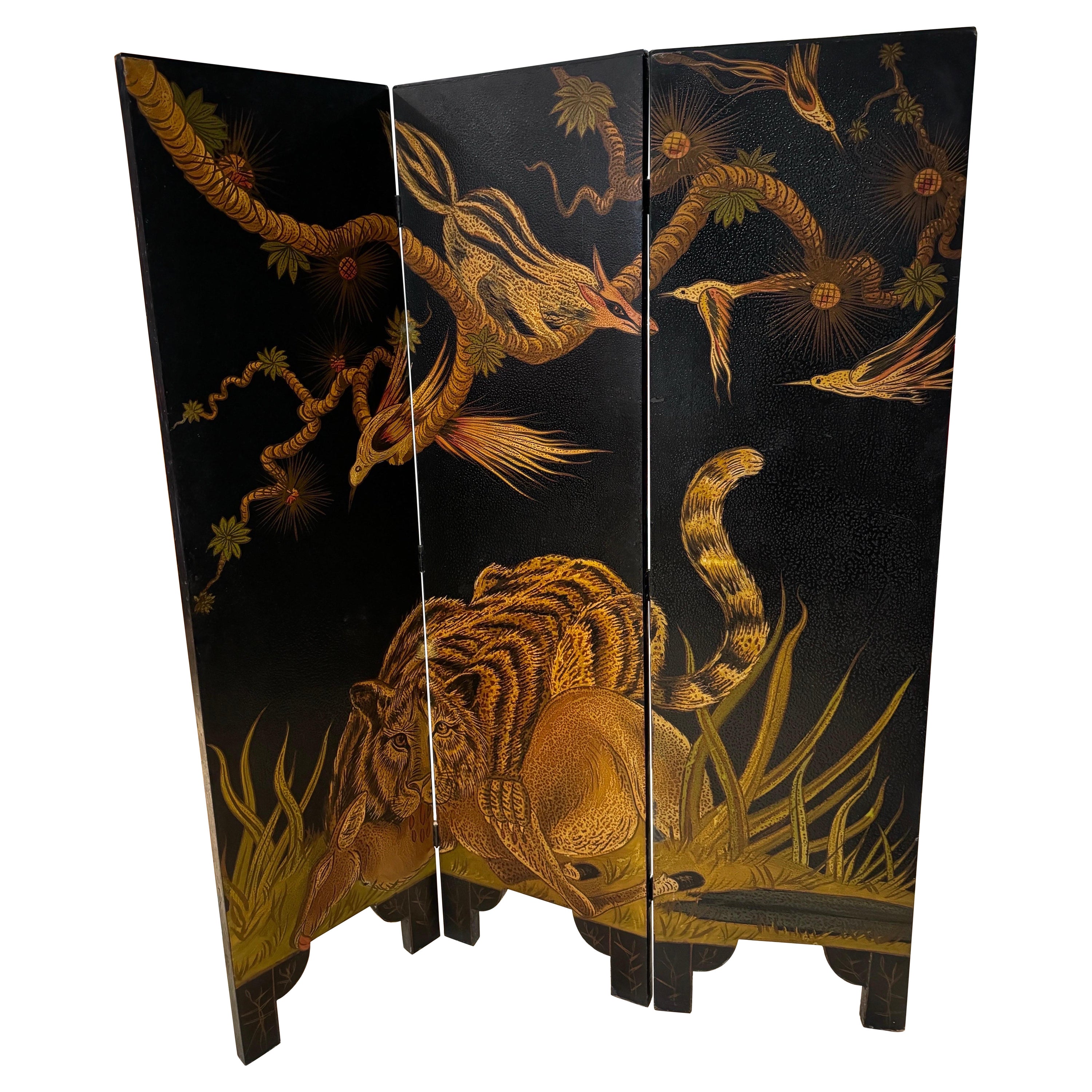 A rare 1920s Japonisme three folds painted room divider For Sale at 1stDibs