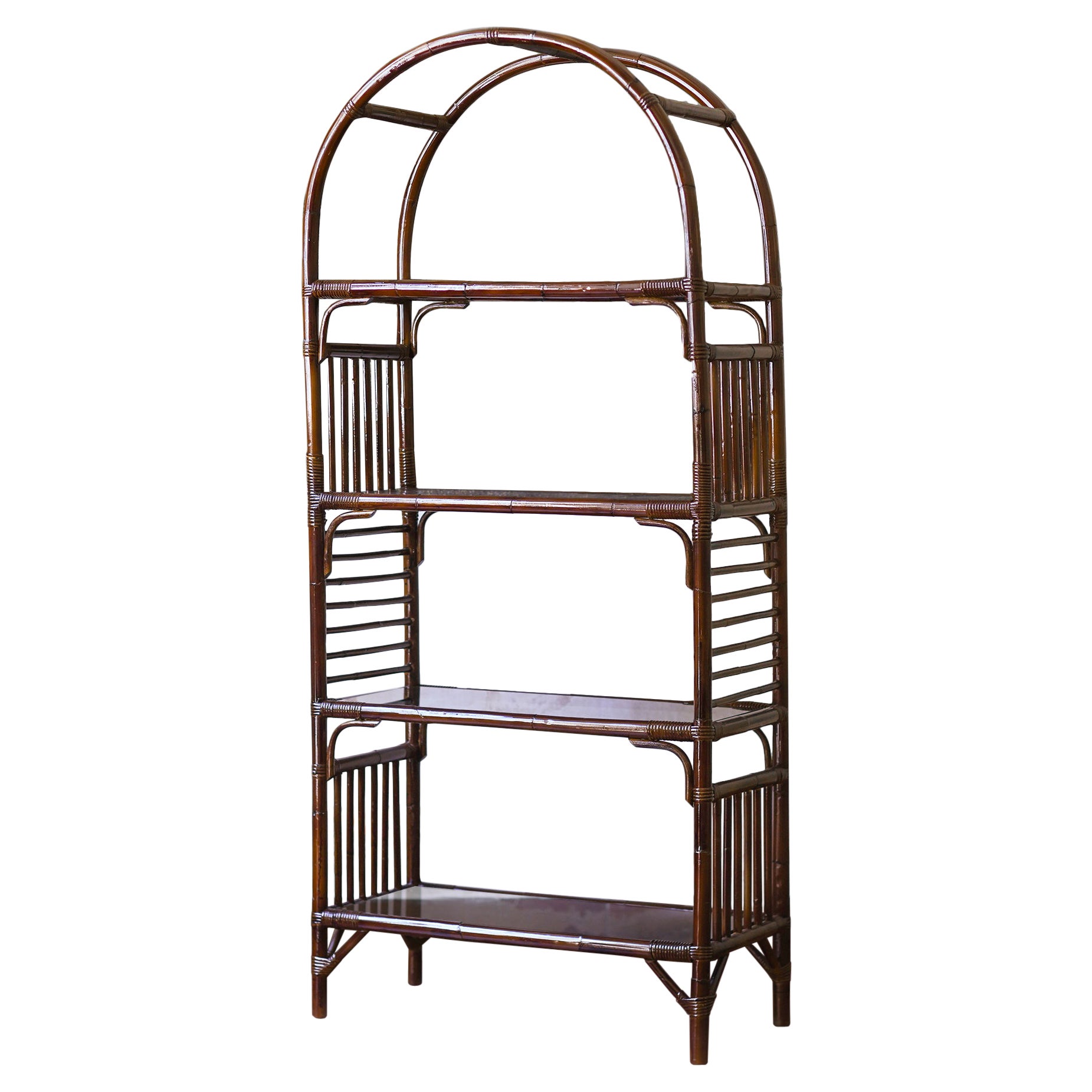 Large Arched Bookcase In Dark Rattan With Smoked Glass Shelves, 1980 ...